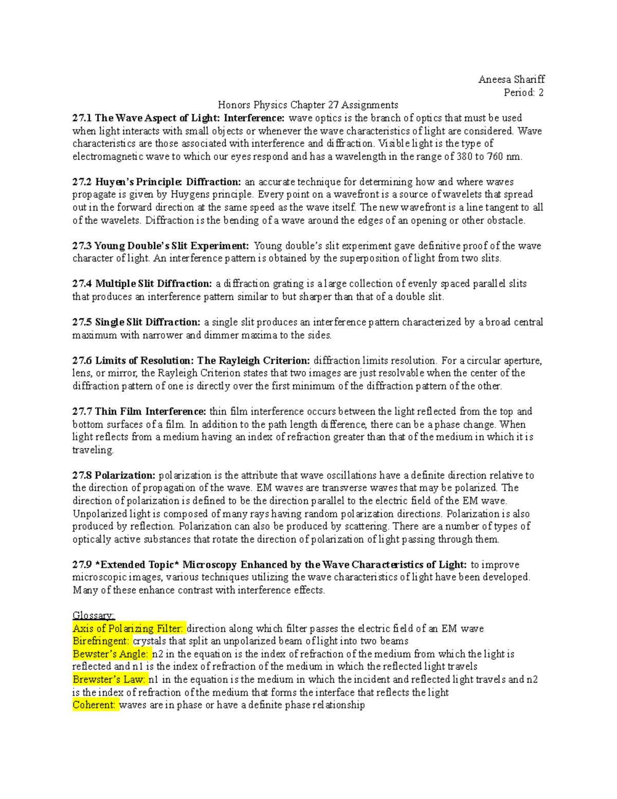 Physics Chapter 27 Assignments - Aneesa Shariff Period: 2 Honors Physics Chapter 27 Assignments ...