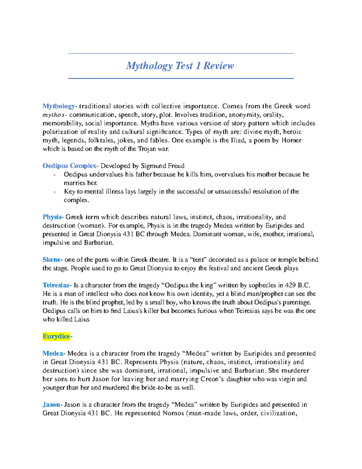 Mythology Test 1 Review - Mythology Test 1 Review Mythology ...