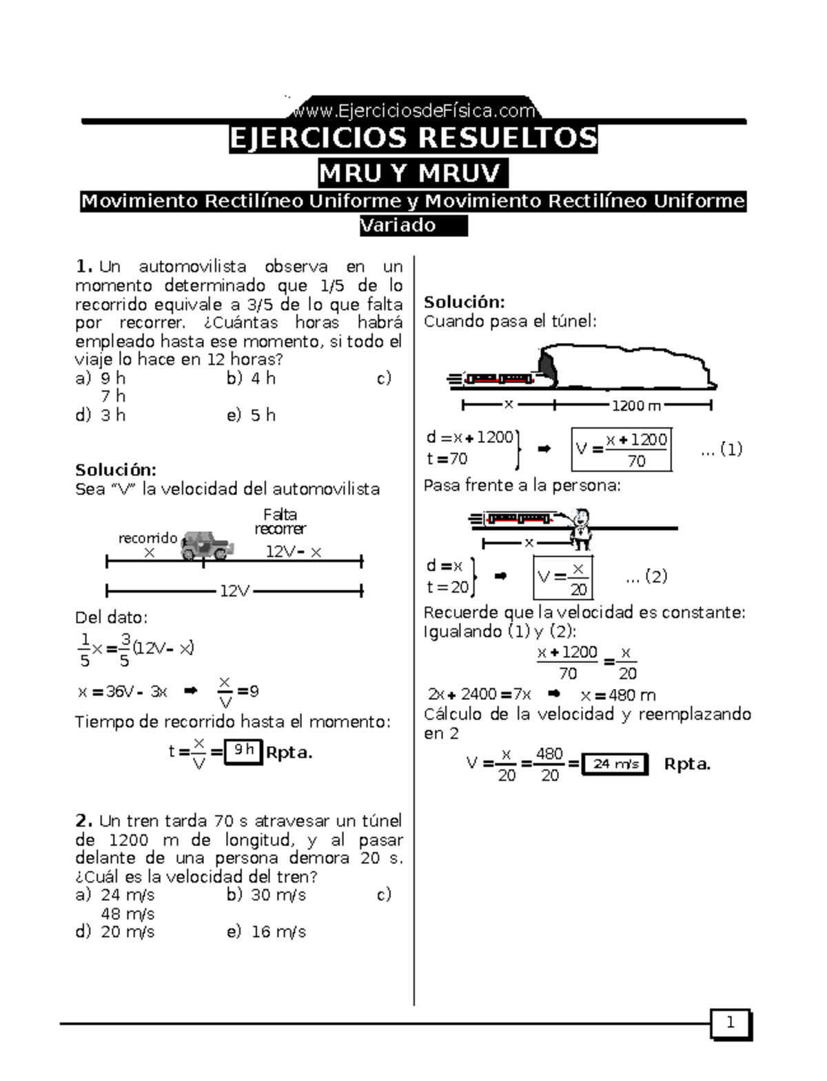 MRU y MRUV Ejercicios Resueltos - EJERCICIOS RESUELTOS MRU Y MRUV Movimiento Rectilíneo Uniforme ...