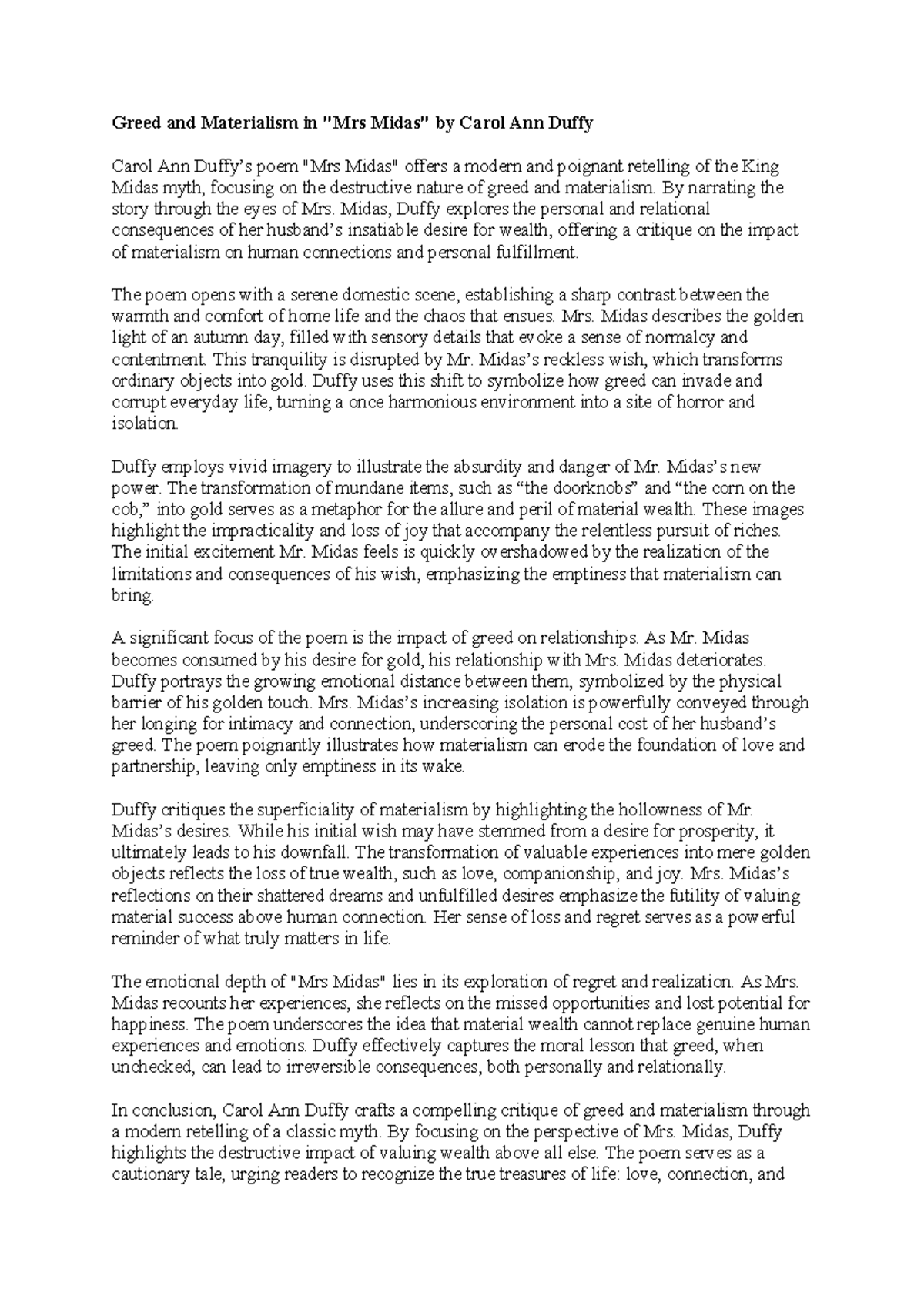 Mrs Midas in class essay - Greed and Materialism in "Mrs Midas" by ...