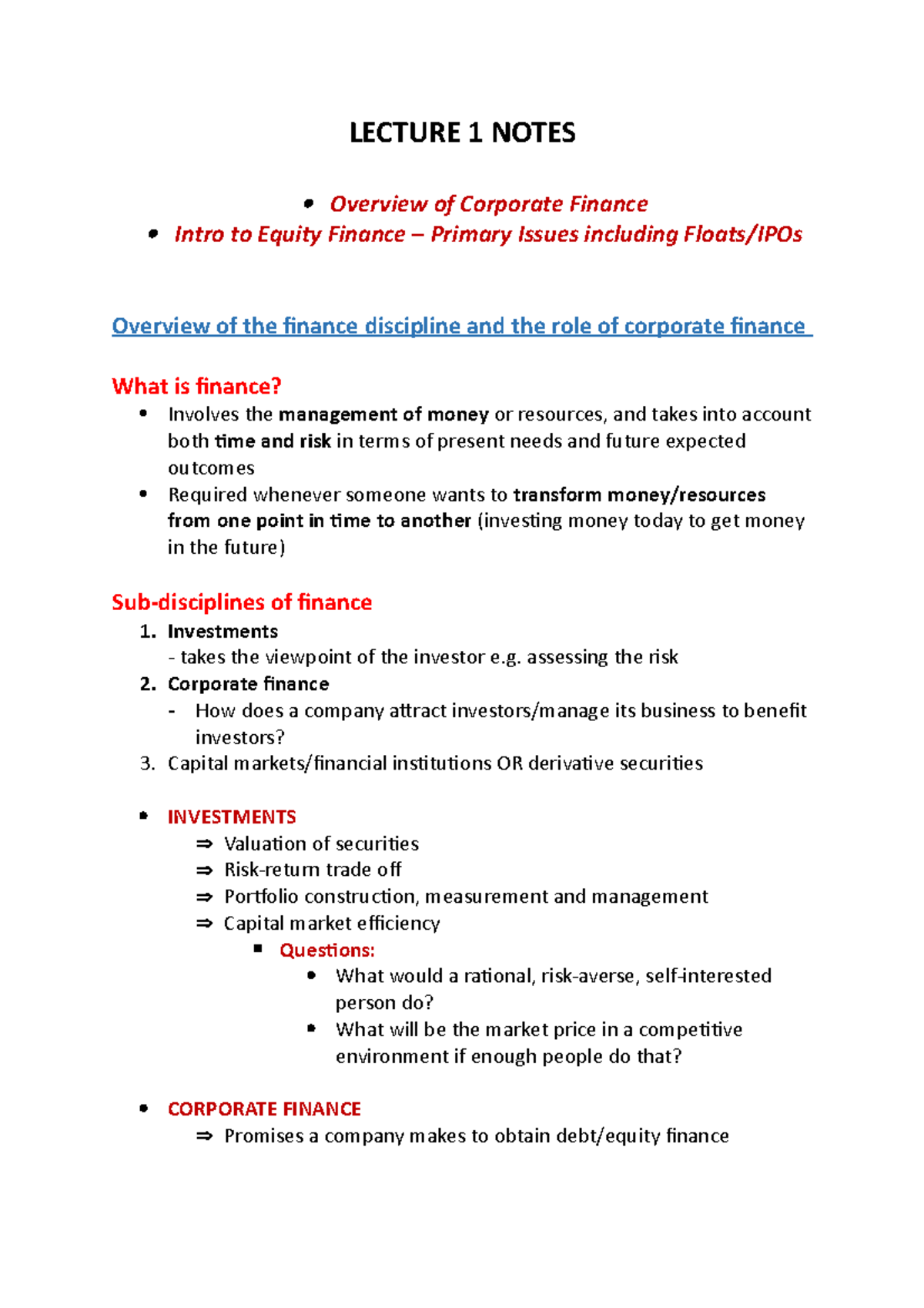Lecture 1 Notes - LECTURE 1 NOTES Overview of Corporate Finance Intro ...