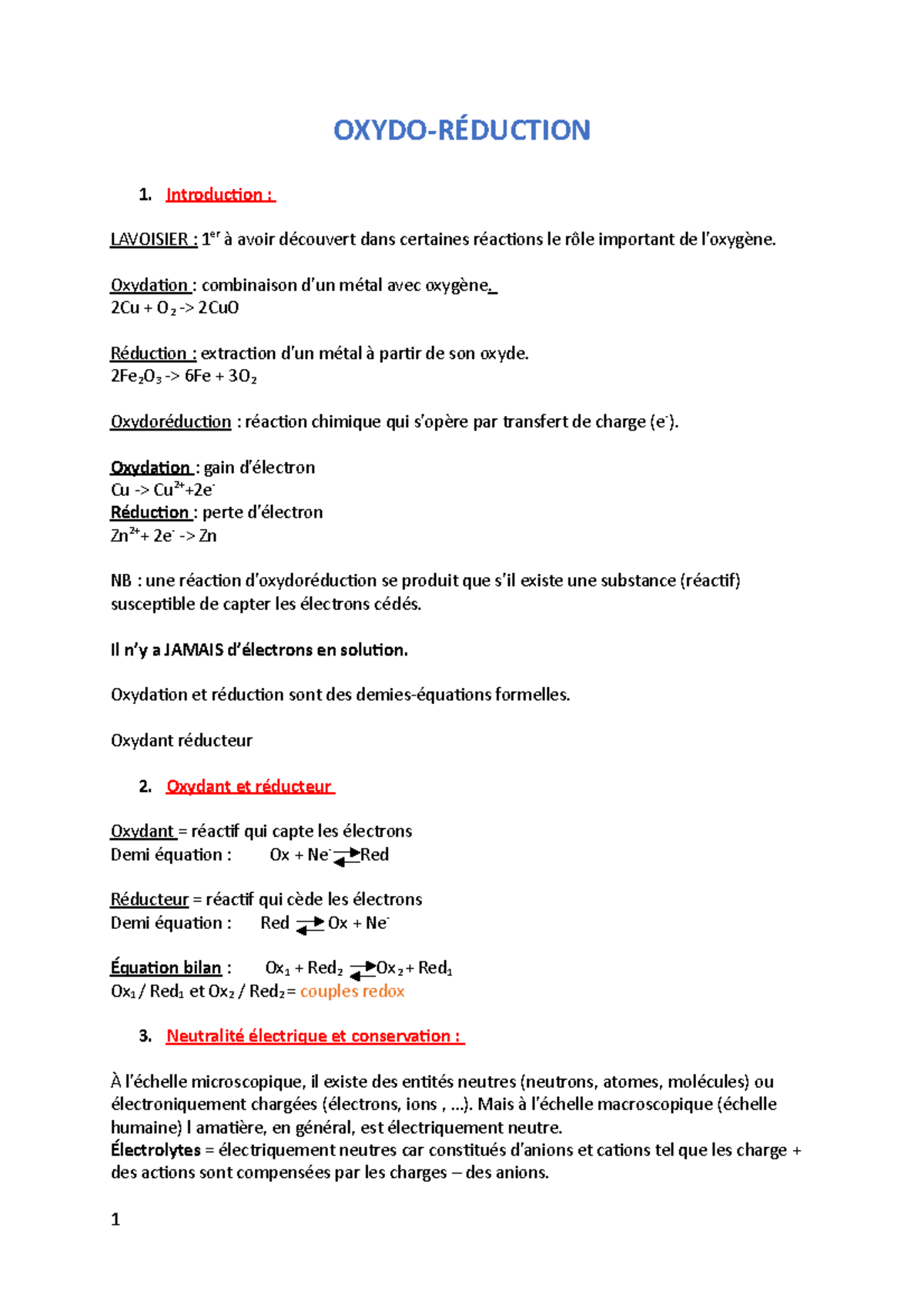 Oxydoréduction 2021 - cours de chimie sur le chapitre "oxydo réduction ...
