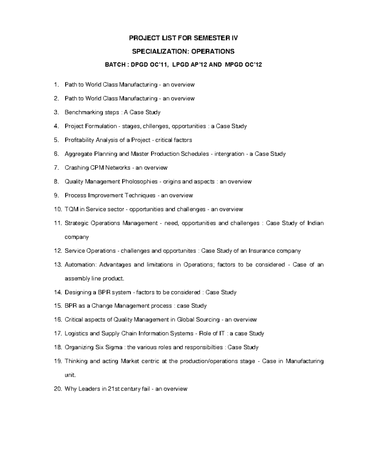 Operations OC 11 Batch - I want to report for MBA - PROJECT LIST FOR ...