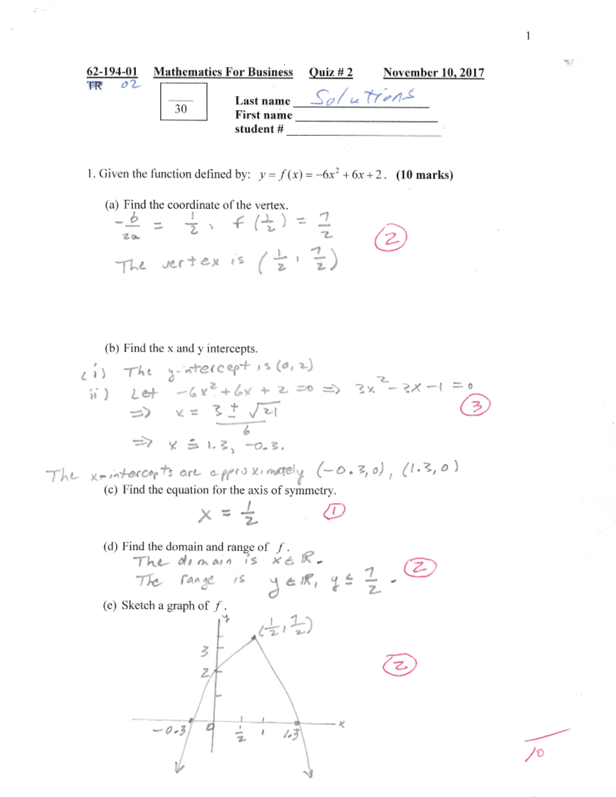 Exam 2017, answers - 62-194-01 Mathematics For Business Quiz # 2 ...