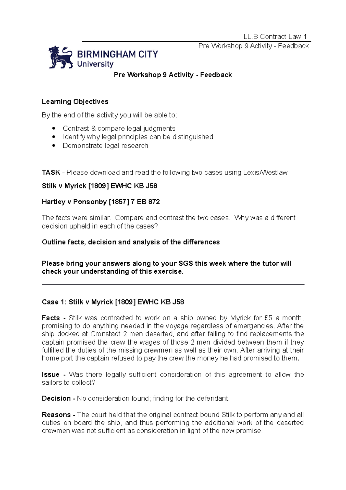 Pre Workshop 9 Activity - Feedback - LL Contract Law 1 Pre Workshop 9 ...
