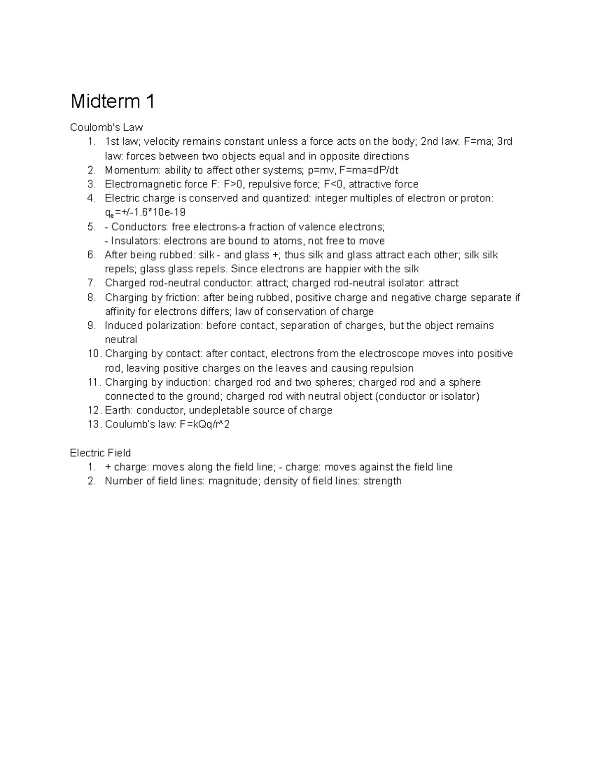 Physics 5C - Summary of the first two chapters - Midterm 1 Coulomb's ...