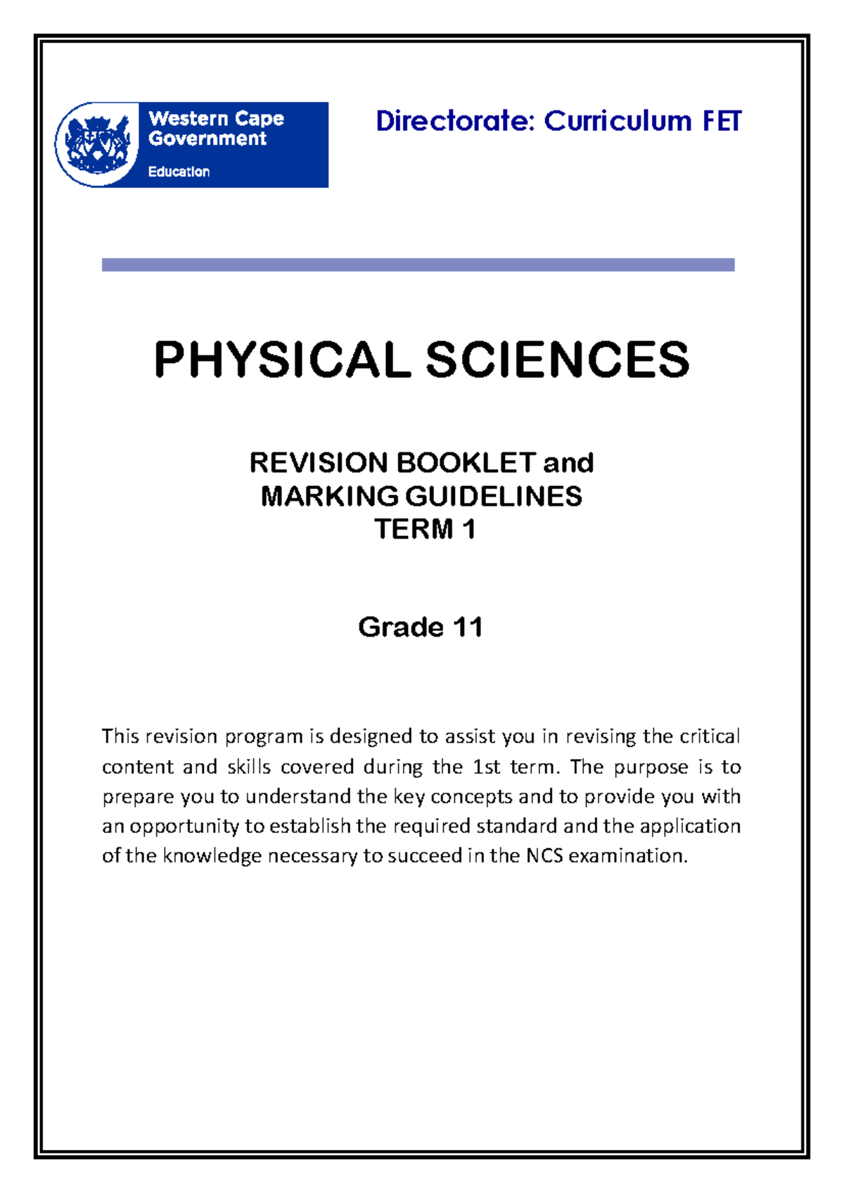 Physical Sciences Gr 11 Revision T1 - Directorate: Curriculum FET ...