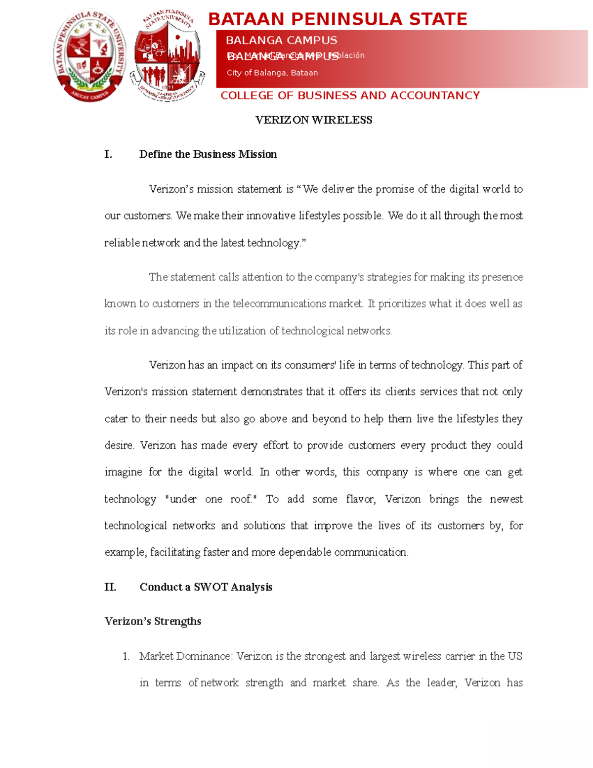 SRPP - Assignment - VERIZON WIRELESS I. Define the Business Mission ...