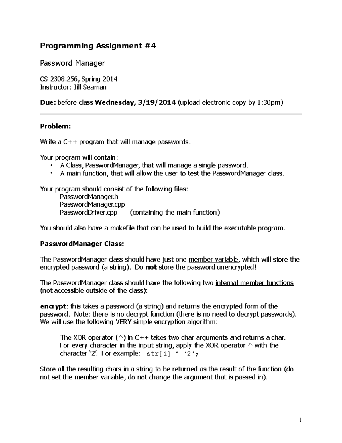 Assignment 4 - CS 2308 - Programming Assignment ! Password Manager ! CS 2308, Spring 2014 - Studocu