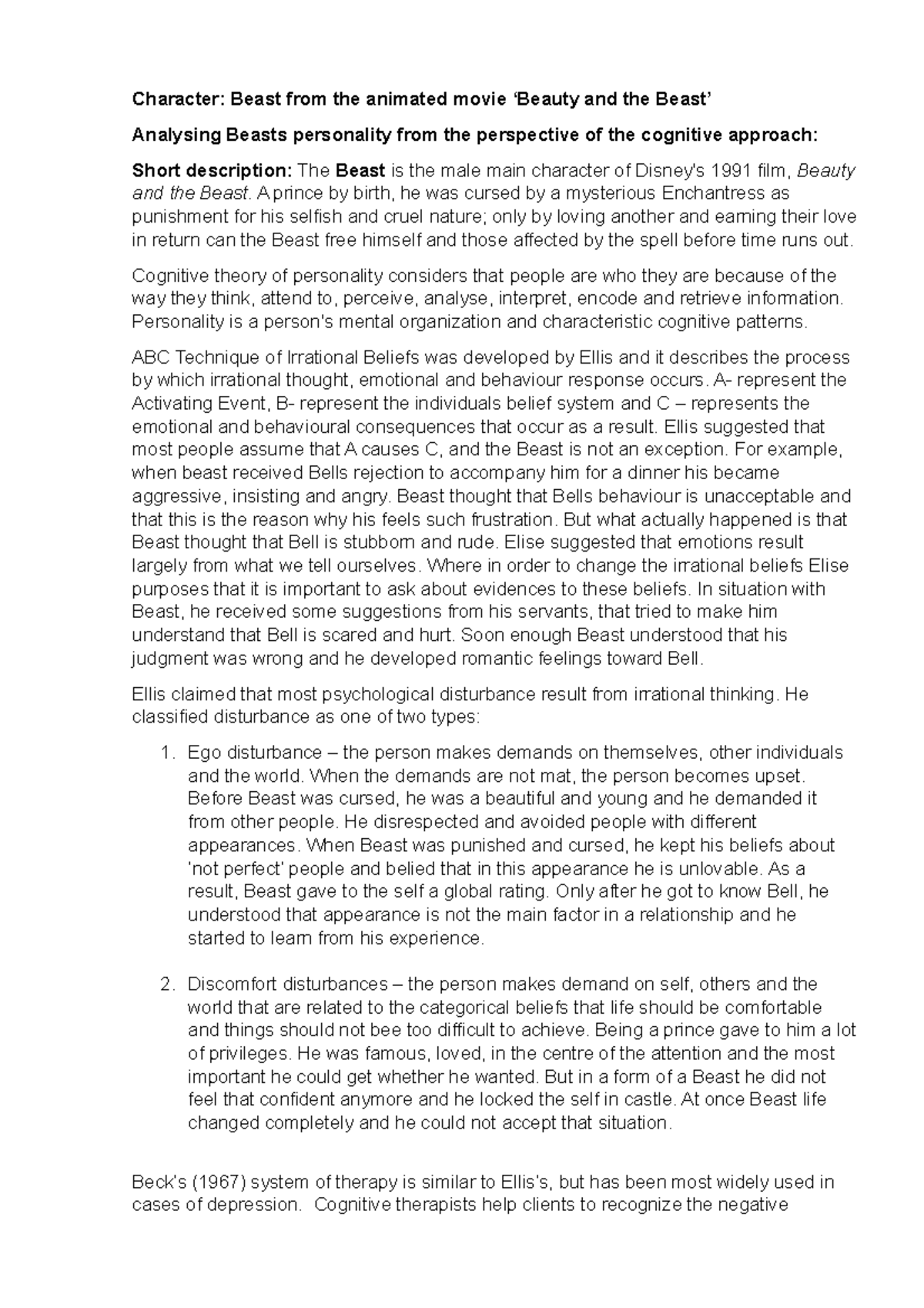 Exam 15 May 2019, answers - Character: Beast from the animated movie ...