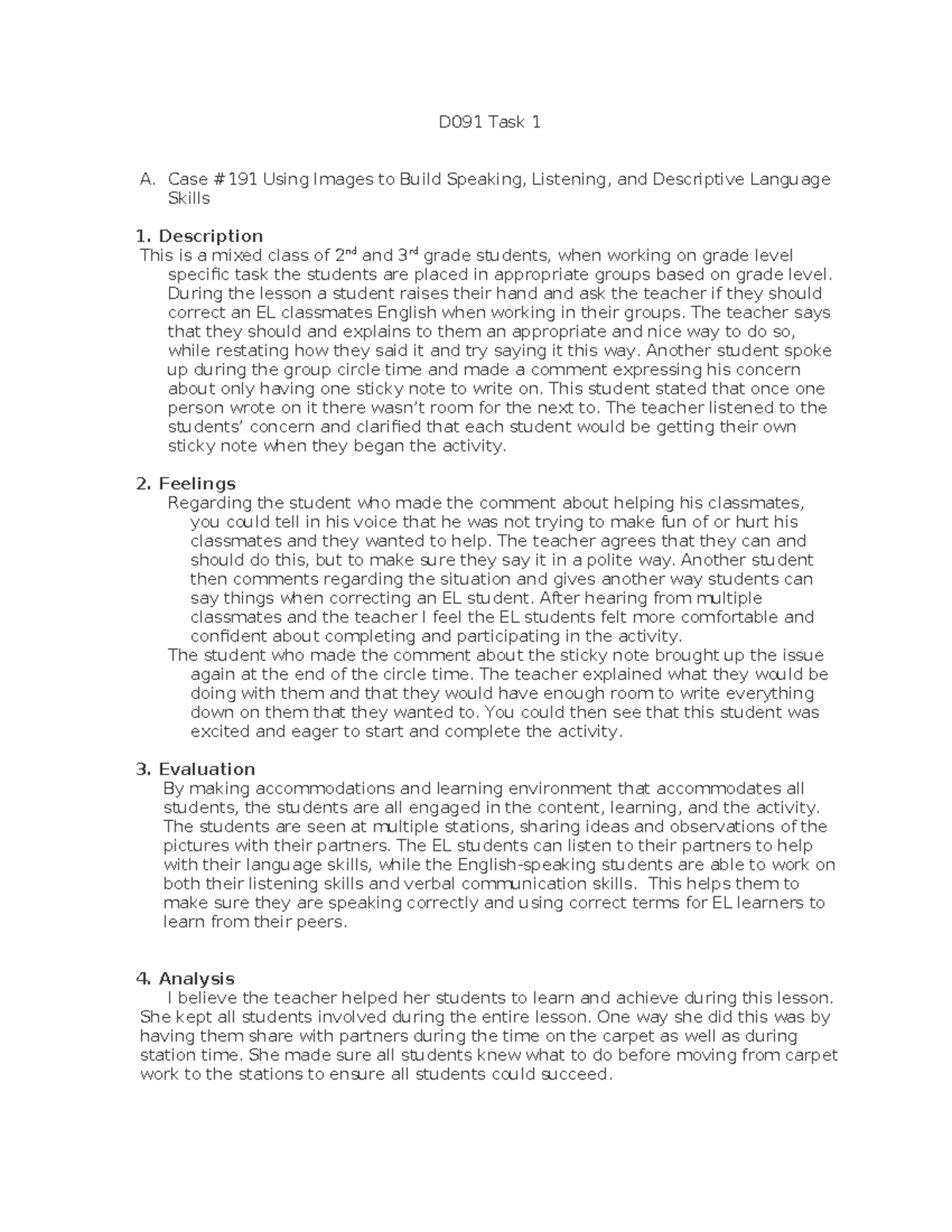 D091 Task 1 - D091 Task 1-Passed - D091 Task 1 A. Case #191 Using Images to Build Speaking ...