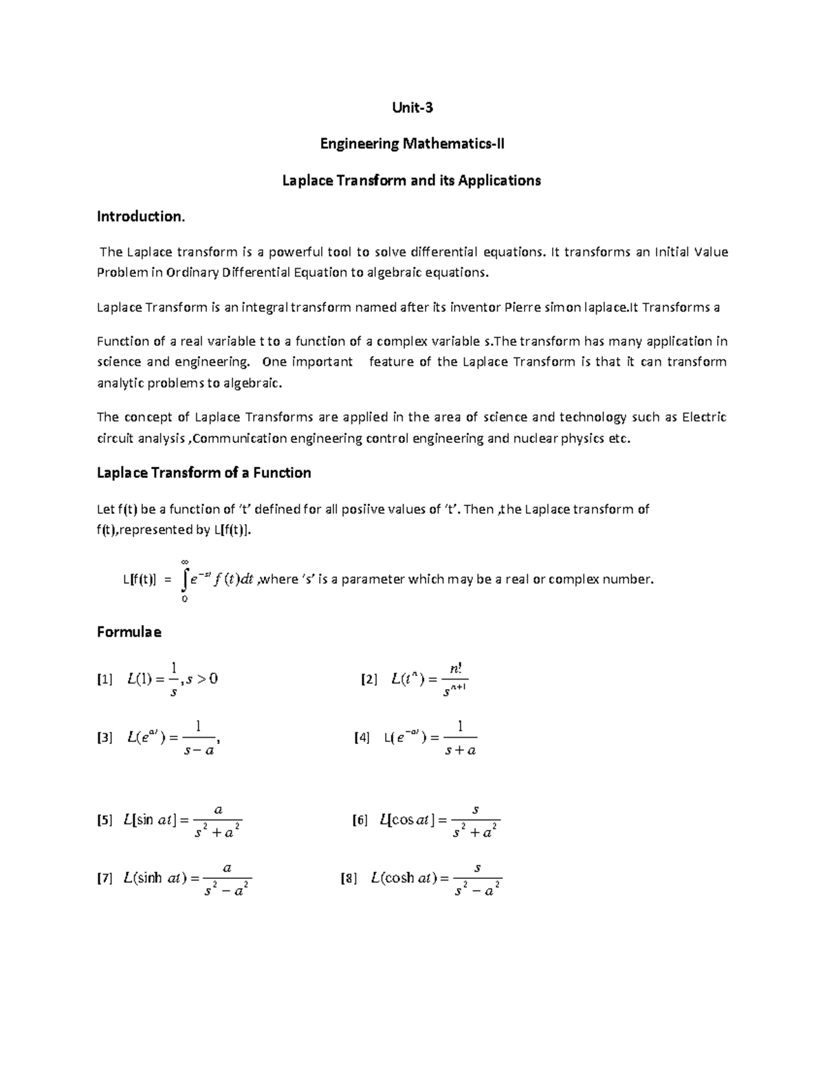 Test 1 practice - none - Unit- 3 Engineering Mathematics-II Laplace ...