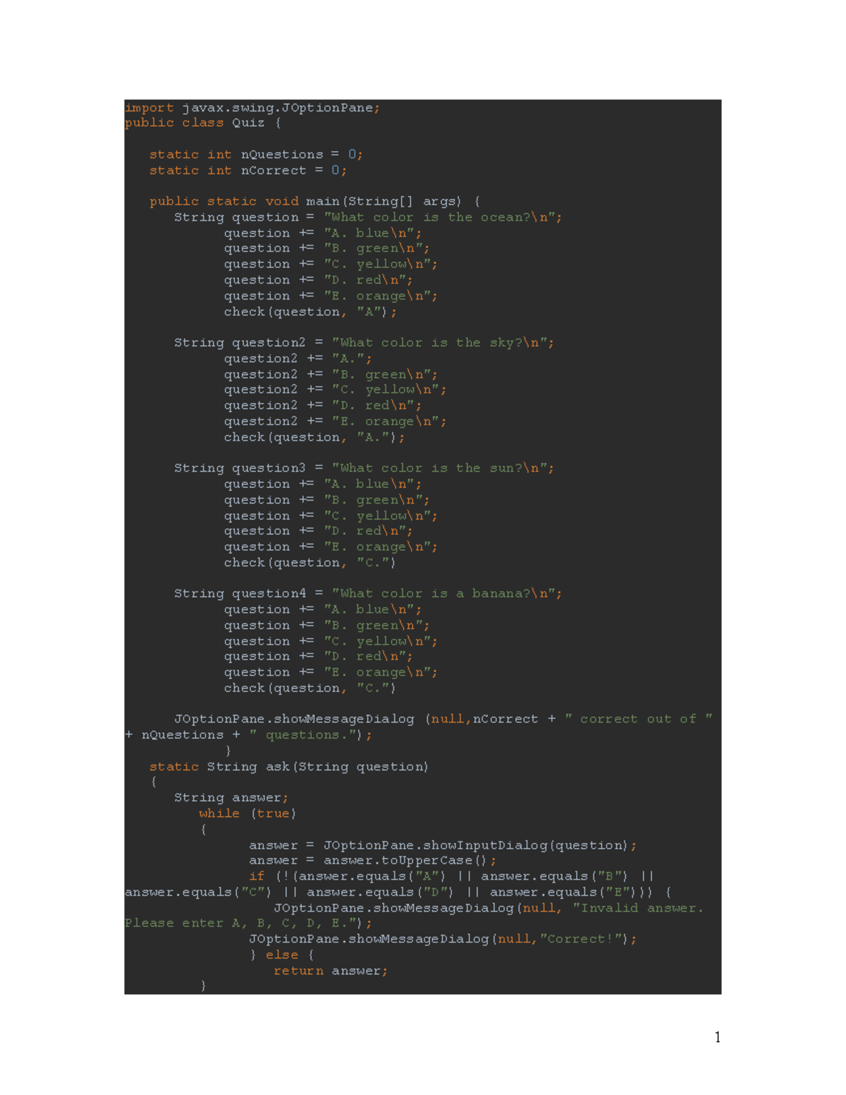 Multi choice Question - import javax.swing; public class Quiz { static ...