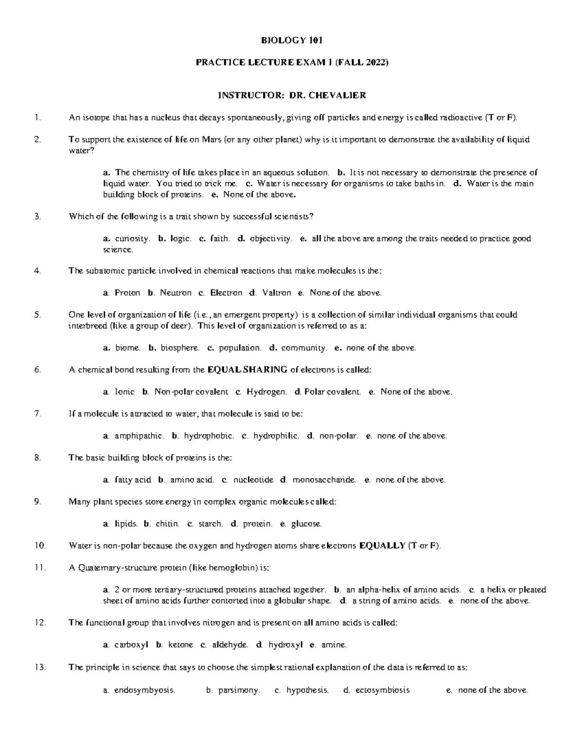 B101F22 E1-PRAC - 2022 - BIOLOGY 101 PRACTICE LECTURE EXAM 1 (FALL 2022 ...