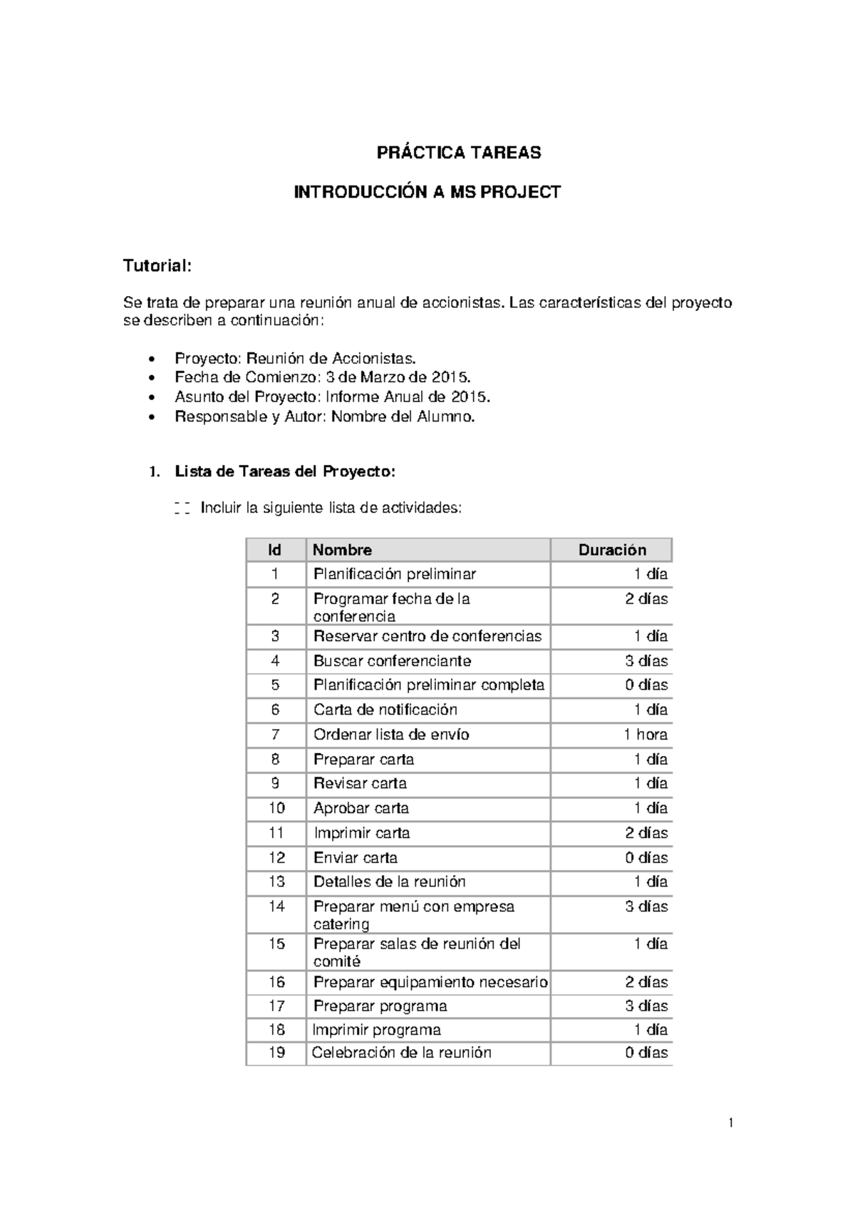 Ejercicio 1 Tareas - q cagada esto jejej - 1 PRÁCTICA TAREAS INTRODUCCIÓN A MS PROJECT Tutorial ...