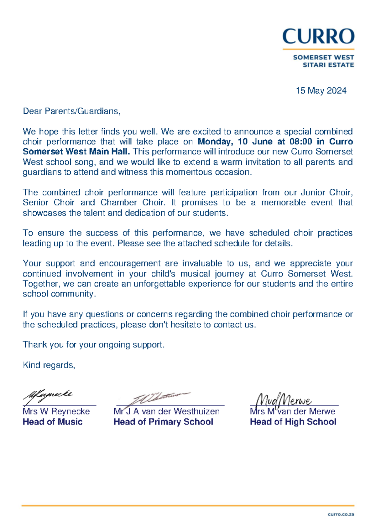 Curro Somerset West Choir Letter 14 May Final - 15 May 2024 Dear ...