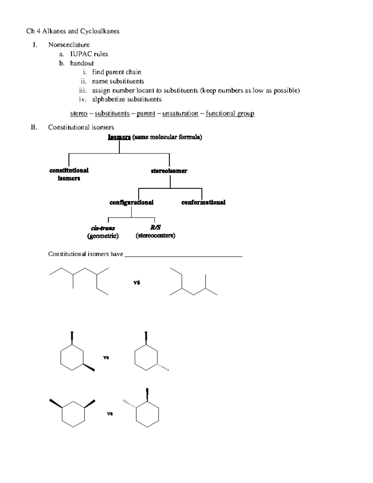 Ch 4 Alkanes Notes - Ch 4 Alkanes and Cycloalkanes I. Nomenclature a ...