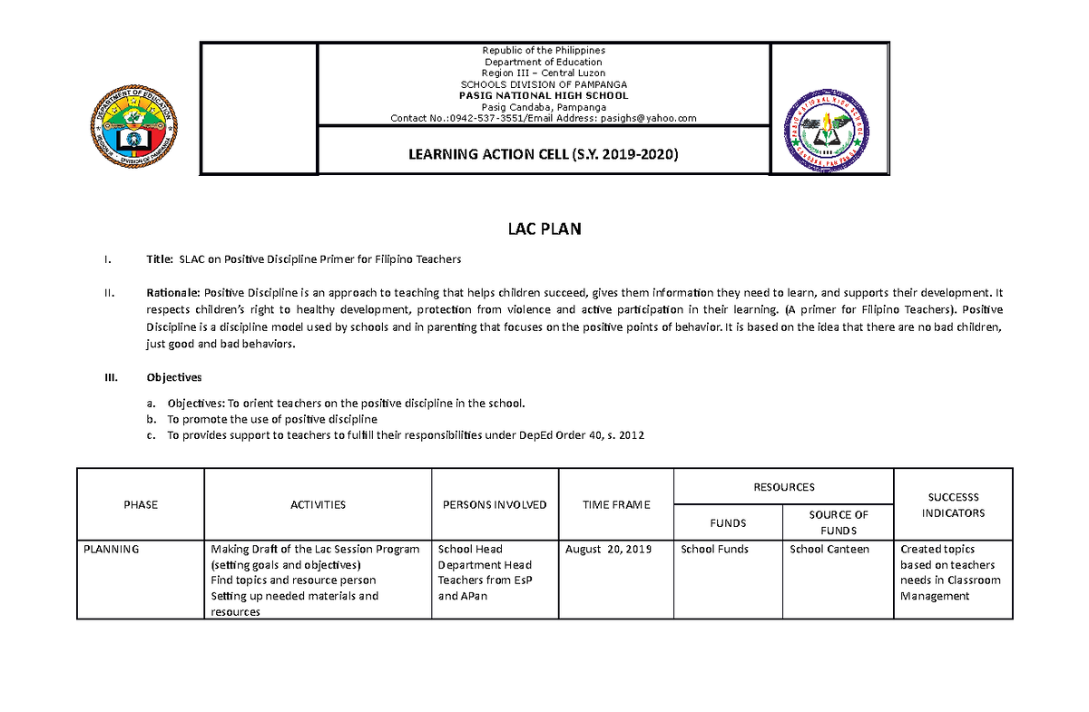 ESP LAC PLAN - LAC Plan - Department of Education Region III – Central ...