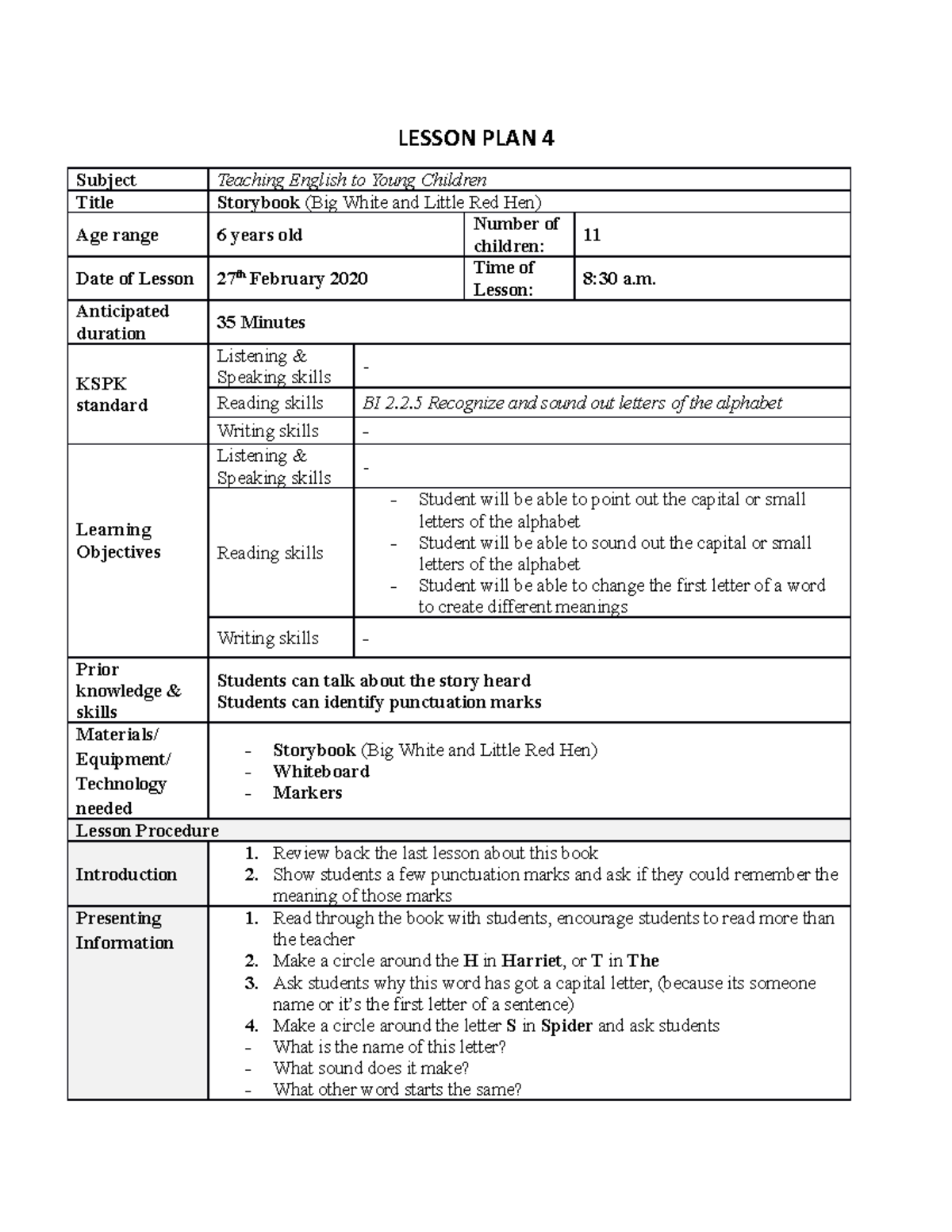 Lesson PLAN 4 - pls give ffedback - LESSON PLAN 4 Subject Teaching ...