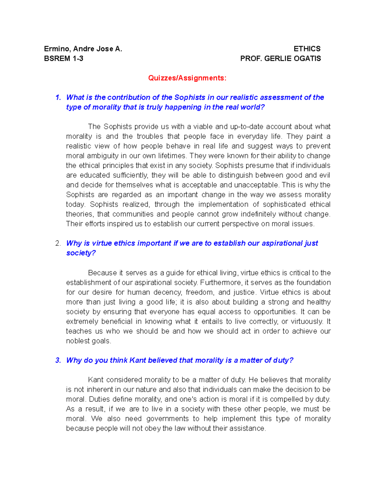 Ermino Bsrem 1-3 QUIZ 2 - Essay activity - Ermino, Andre Jose A. ETHICS ...