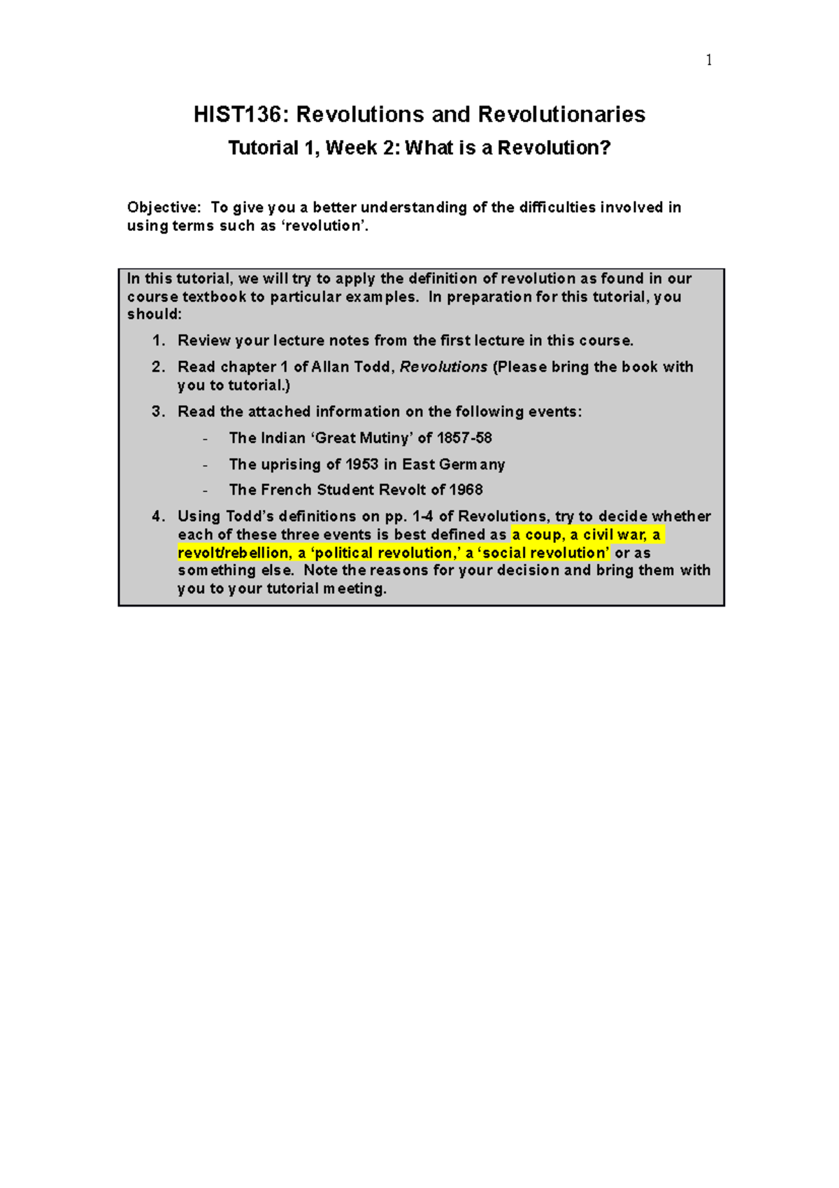 Tutorial 1 week 2 (2019 ) History - HIST136: Revolutions and ...