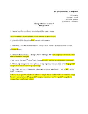 Biology 6 Lecture Exercise 1 - Biology 6 Lecture Exercise 1 Life and Science Names: Esmeralda ...
