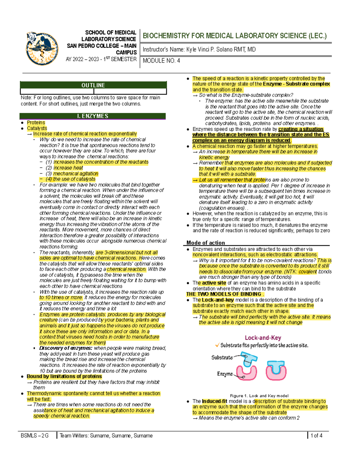 Biochem LEC WEEK 4 Enzymes - LABORATORY SCIENCE BIOCHEMISTRY FOR ...