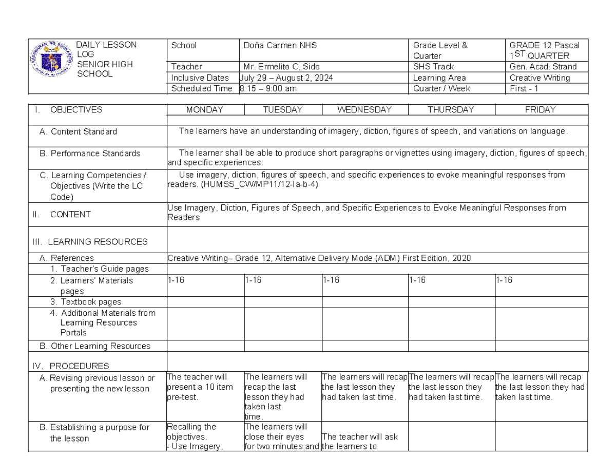 Dll-template - Creative Writing 12 - DAILY LESSON LOG SENIOR HIGH ...