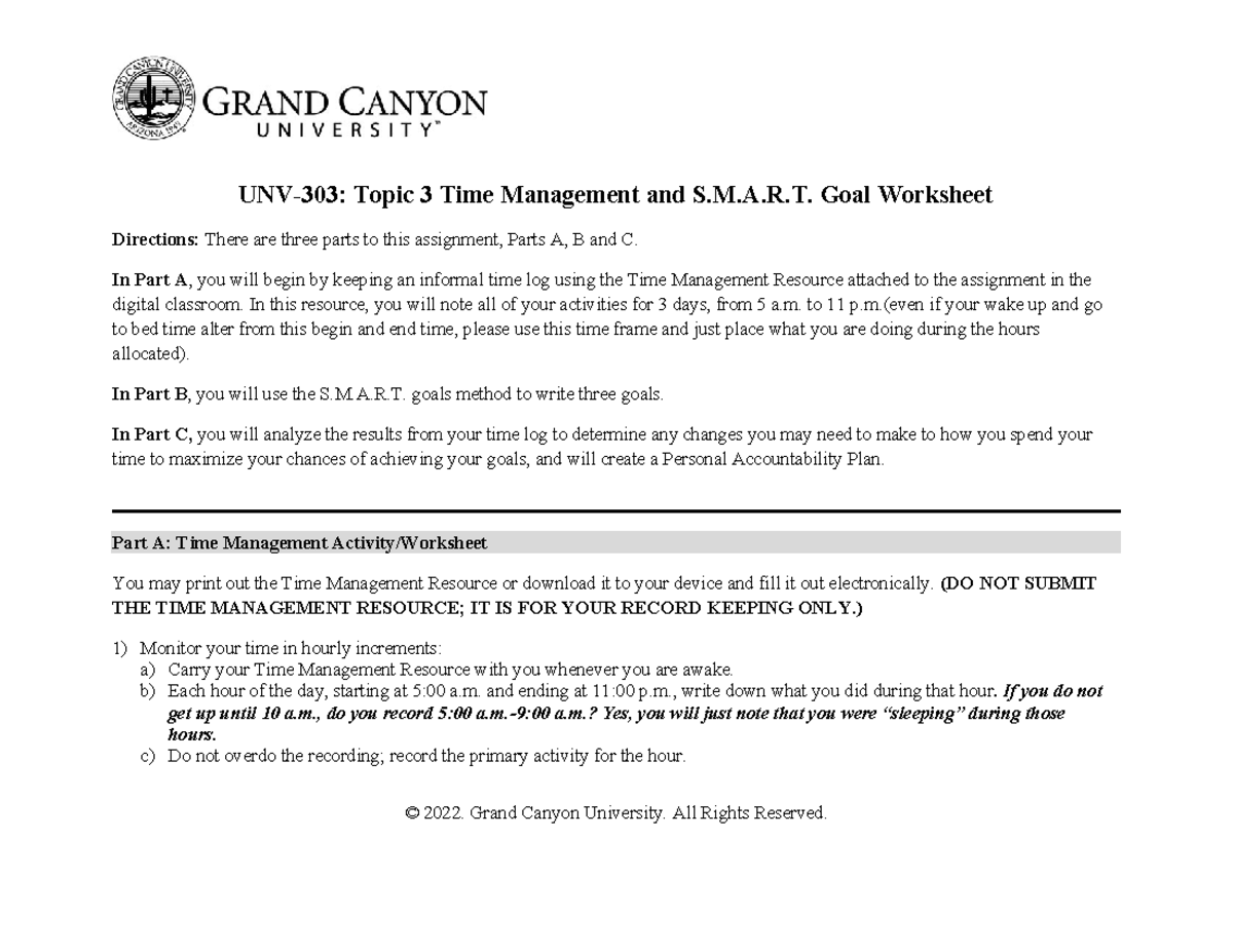 Time management WS - worksheet - UNV-303: Topic 3 Time Management and S ...