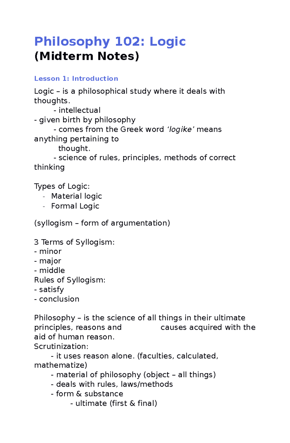 Philosophy Reviewer - Philosophy 102: Logic (Midterm Notes) Lesson 1 ...