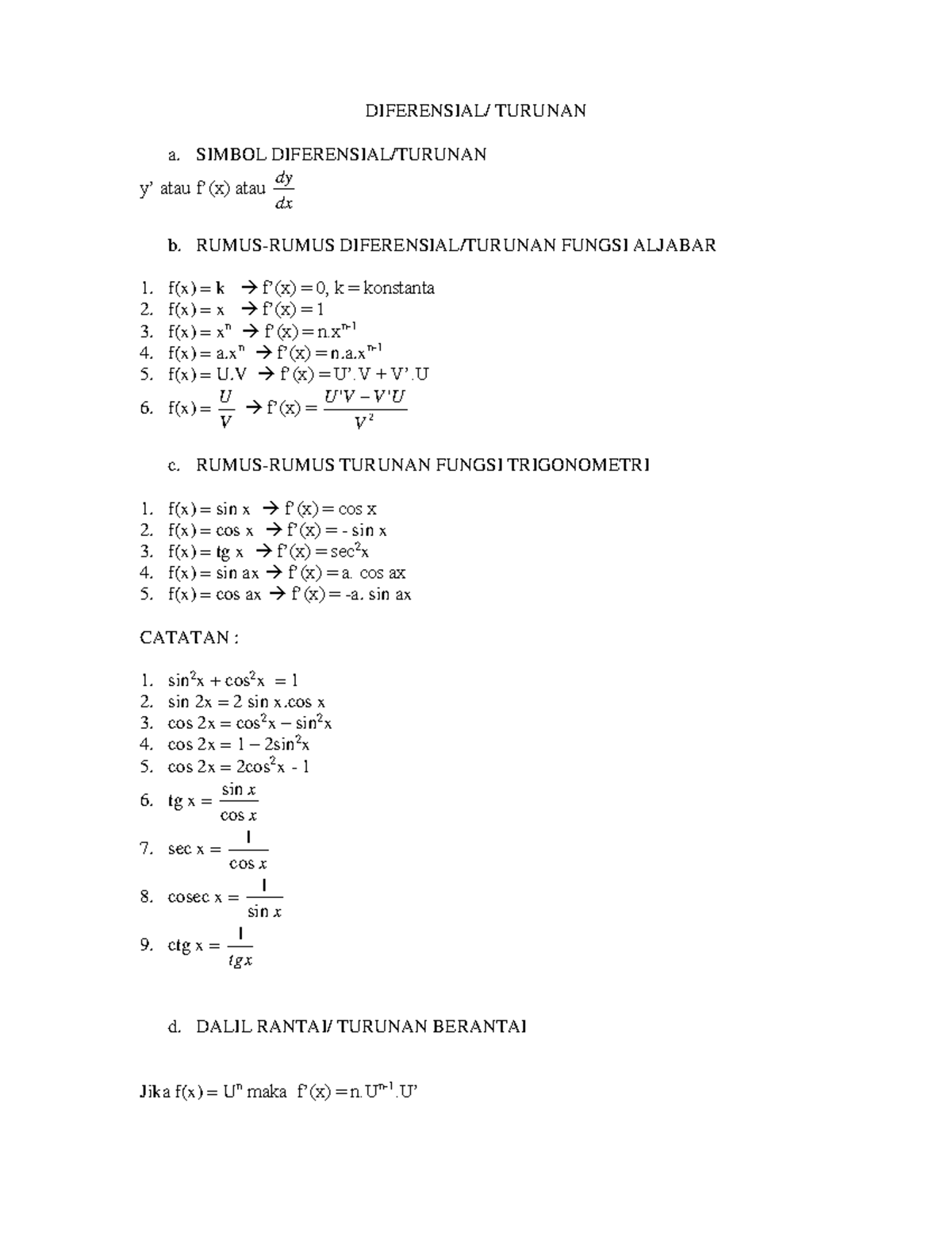 PER 1 dan 2 turunan dan integral - DIFERENSIAL/ TURUNAN a. SIMBOL ...