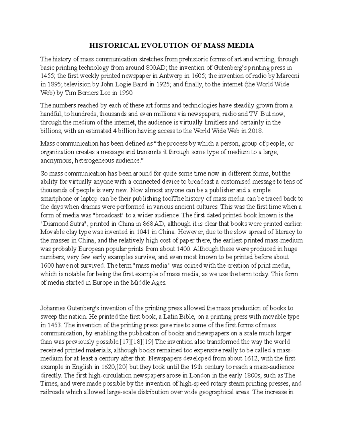 Historical evolution of mass media - HISTORICAL EVOLUTION OF MASS MEDIA ...