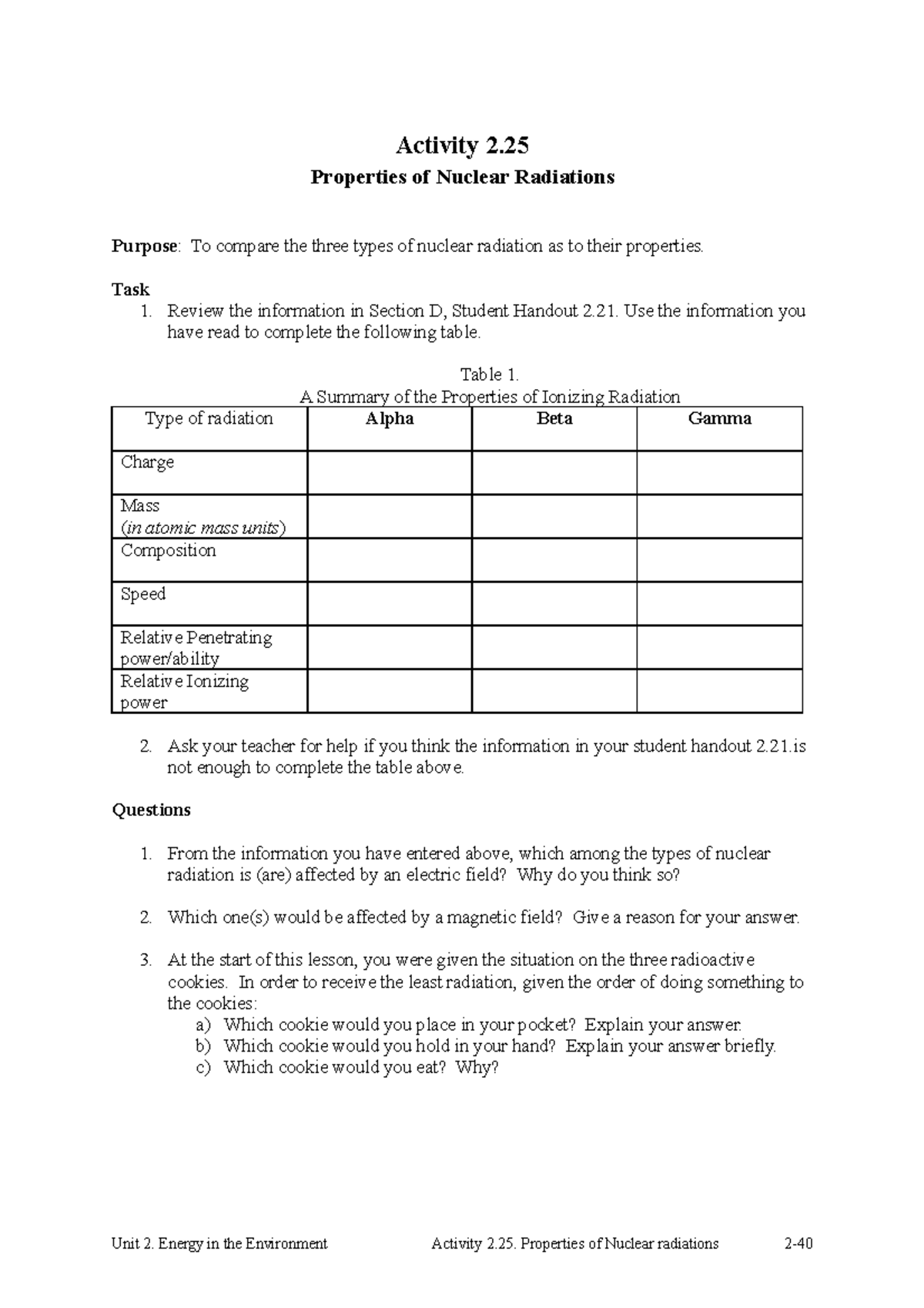 Activity 2 Sdadf Fdsa Activity 2 Properties Of Nuclear Radiations Purpose To Compare The