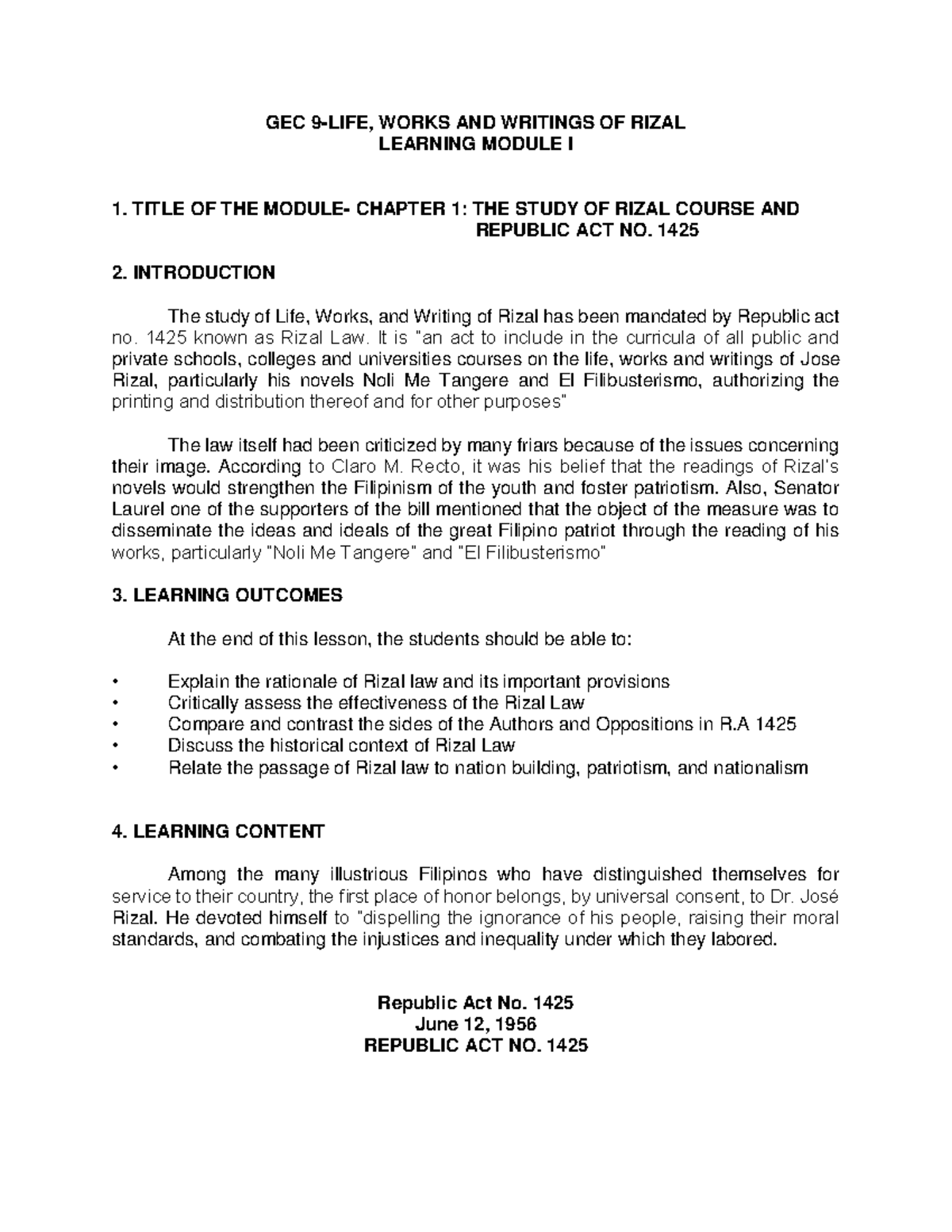 Chapter 1 Republic Act 1425 - GEC 9-LIFE, WORKS AND WRITINGS OF RIZAL LEARNING MODULE I 1. TITLE ...