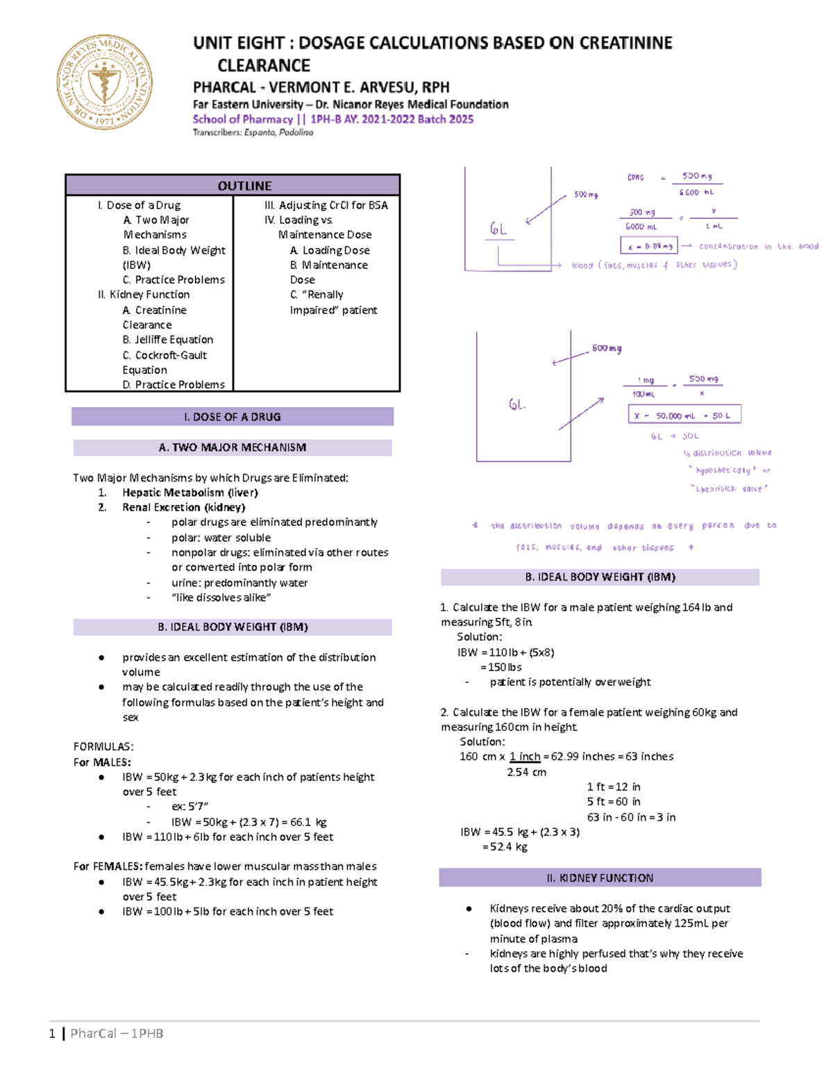 Unit 8 Pharcal - OUTLINE I. Dose of a Drug A. Two Major Mechanisms B ...