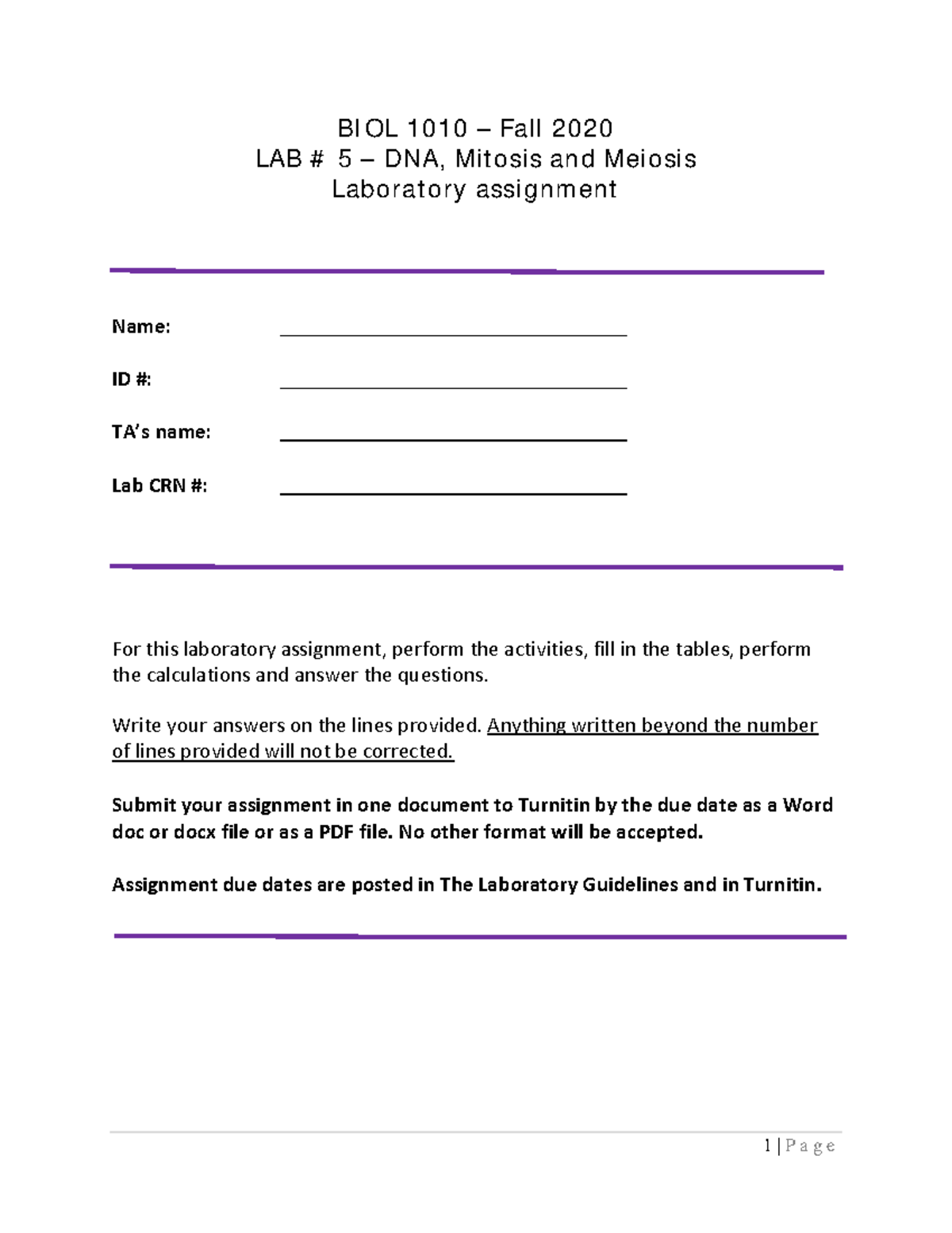 BIOL 1010.-Lab 5- F2020- Lab assignment - BI OL 1010 – Fall 2020 LAB ...