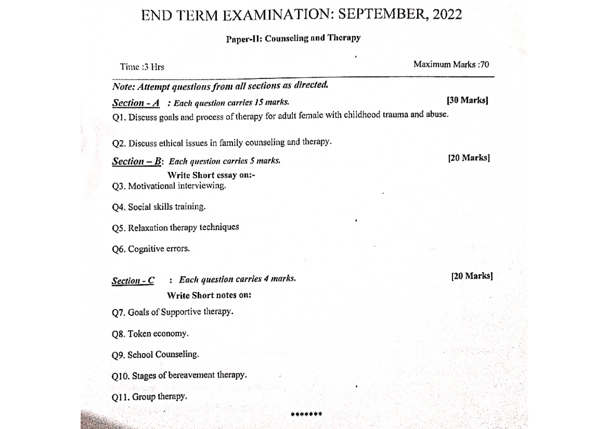 PDCP End Term Paper II- 2022 - Counselling Psychology - Studocu