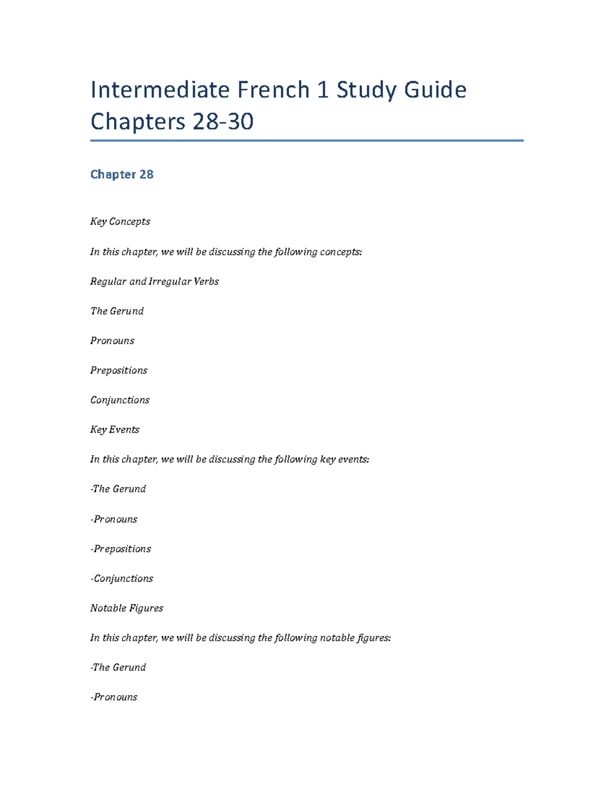 Intermediate French 1 Study Guide Chapters 28-30 - Intermediate French ...