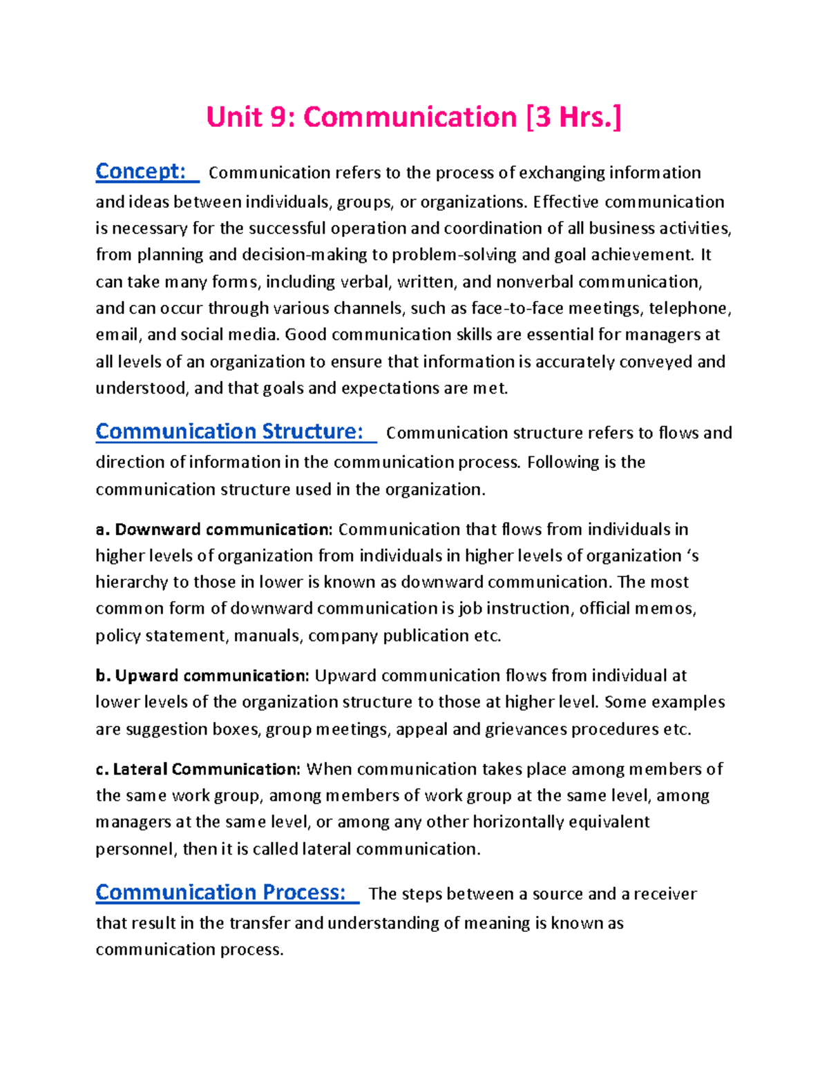 POM Unit-9 - POM Unit-9 - Unit 9: Communication [3 Hrs.] Concept ...