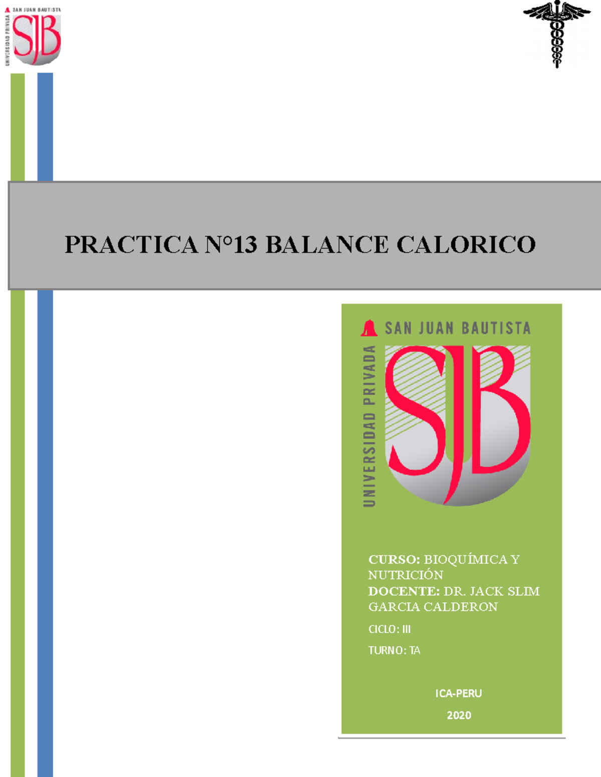 Practica N°13 Balance Calorico - CURSO: BIOQUÍMICA Y NUTRICIÓN DOCENTE ...