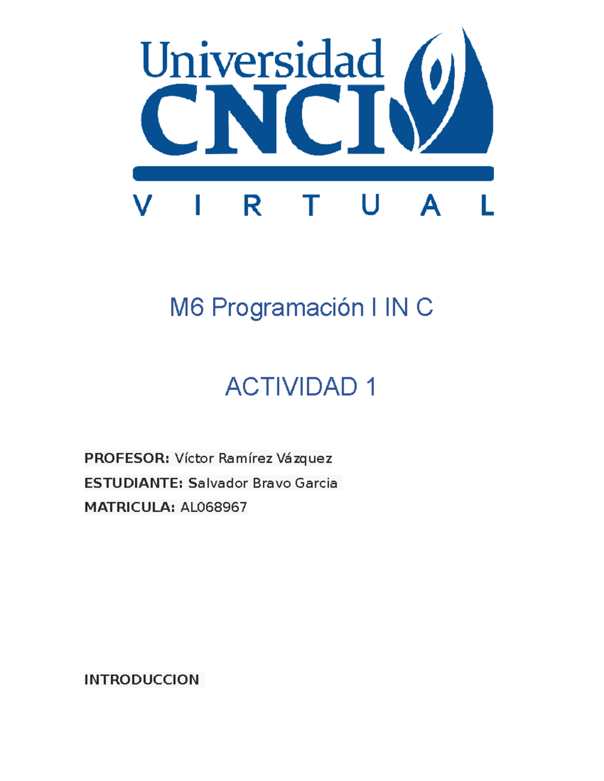 Programacion actividad 1 - M6 Programación I IN C ACTIVIDAD 1 PROFESOR ...