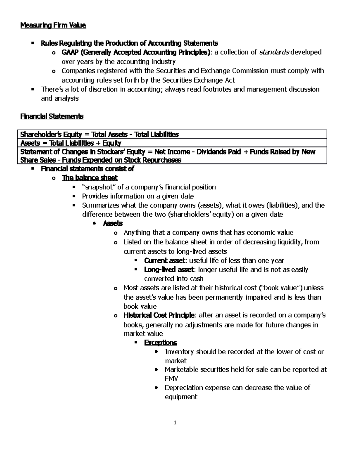 Corporate Finance - Spring 2020 - Final Outline - Measuring Firm Value ...