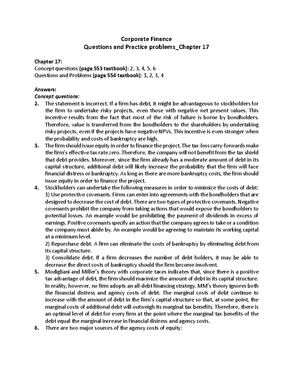 Answers CF Questions and Practice problems Chapter 17 - Corporate Finance Questions and Practice ...