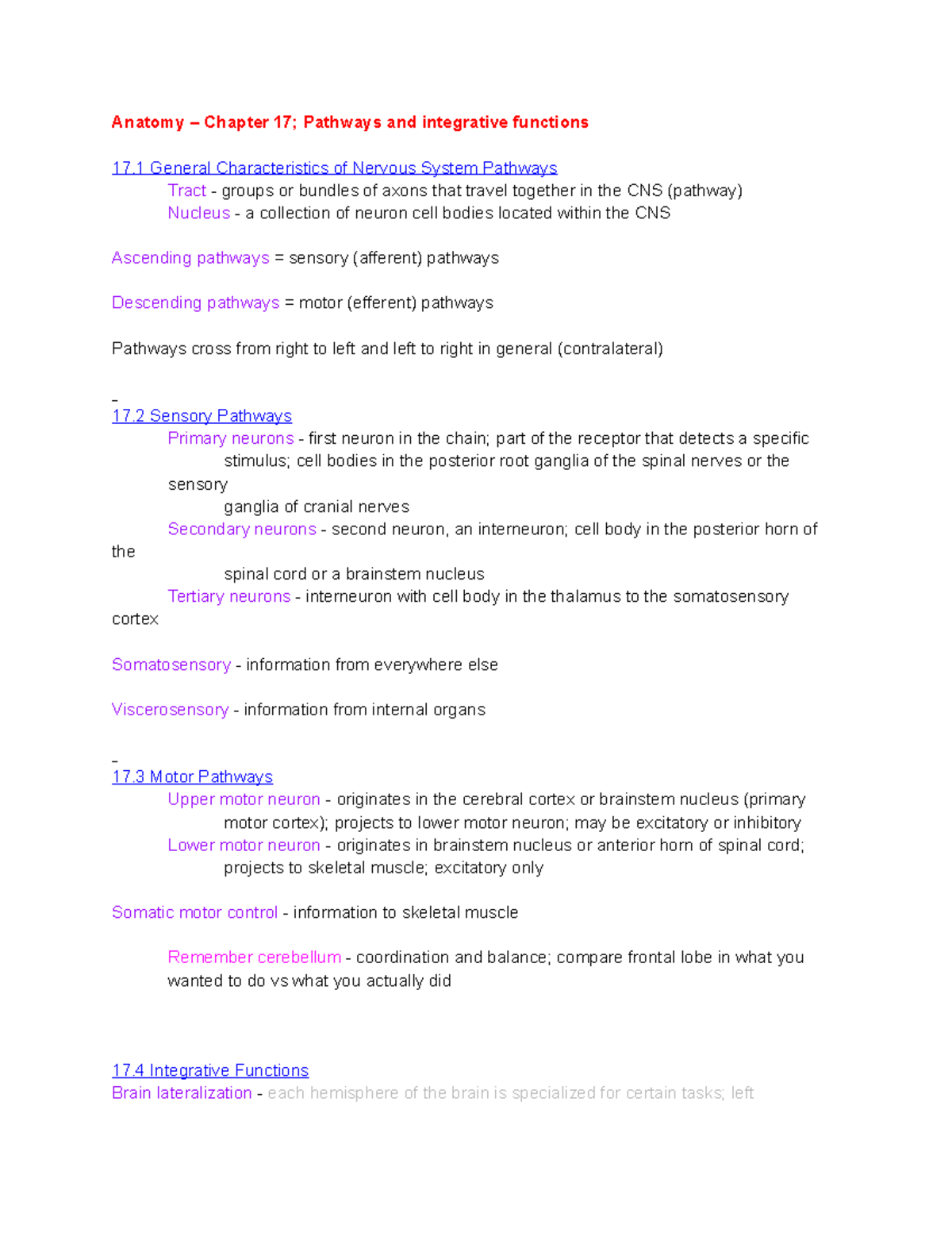 Chapter 17 - Pathways and Integrative Functions - Anatomy Chapter ...