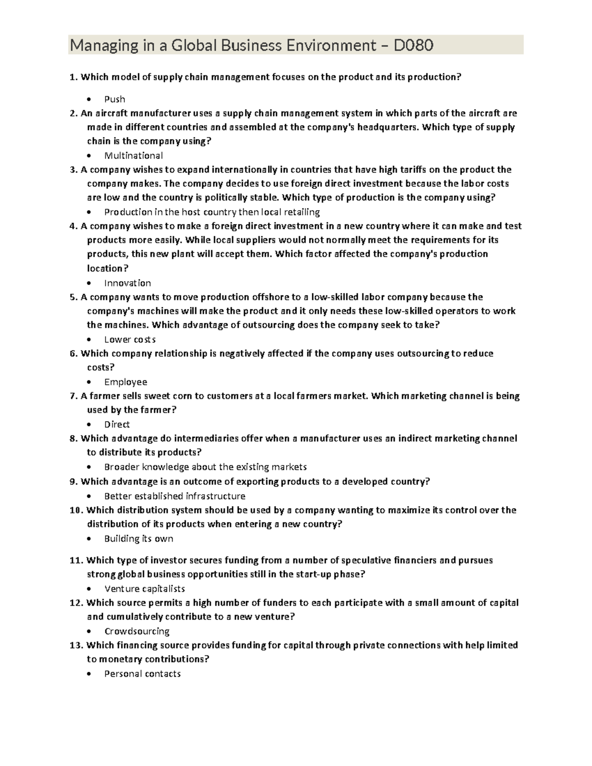 Managing in a Global Business Environment – D080 - Review Questions 1 ...