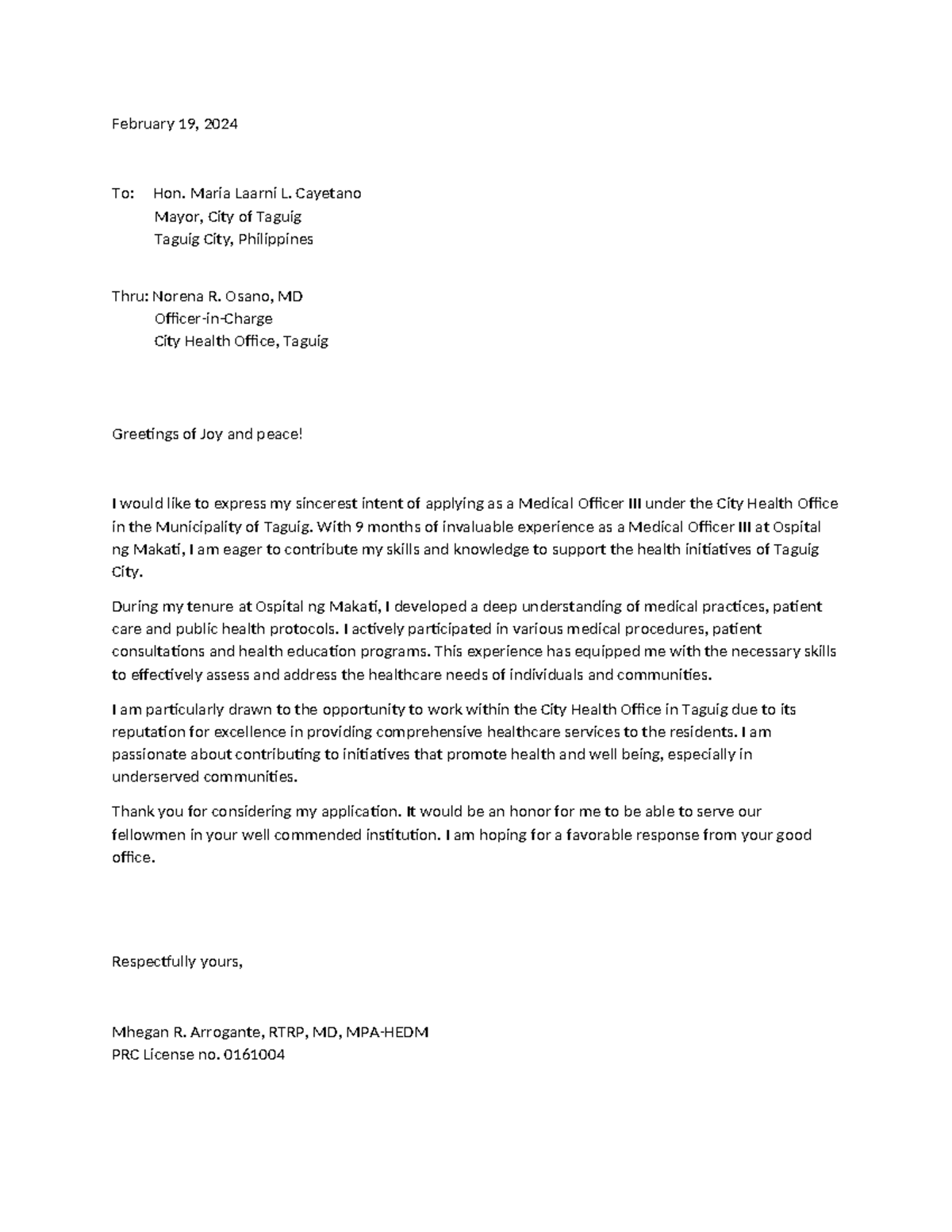 A letter of intent CGO taguig 060949 - February 19, 2024 To: Hon. Maria Laarni L. Cayetano Mayor ...