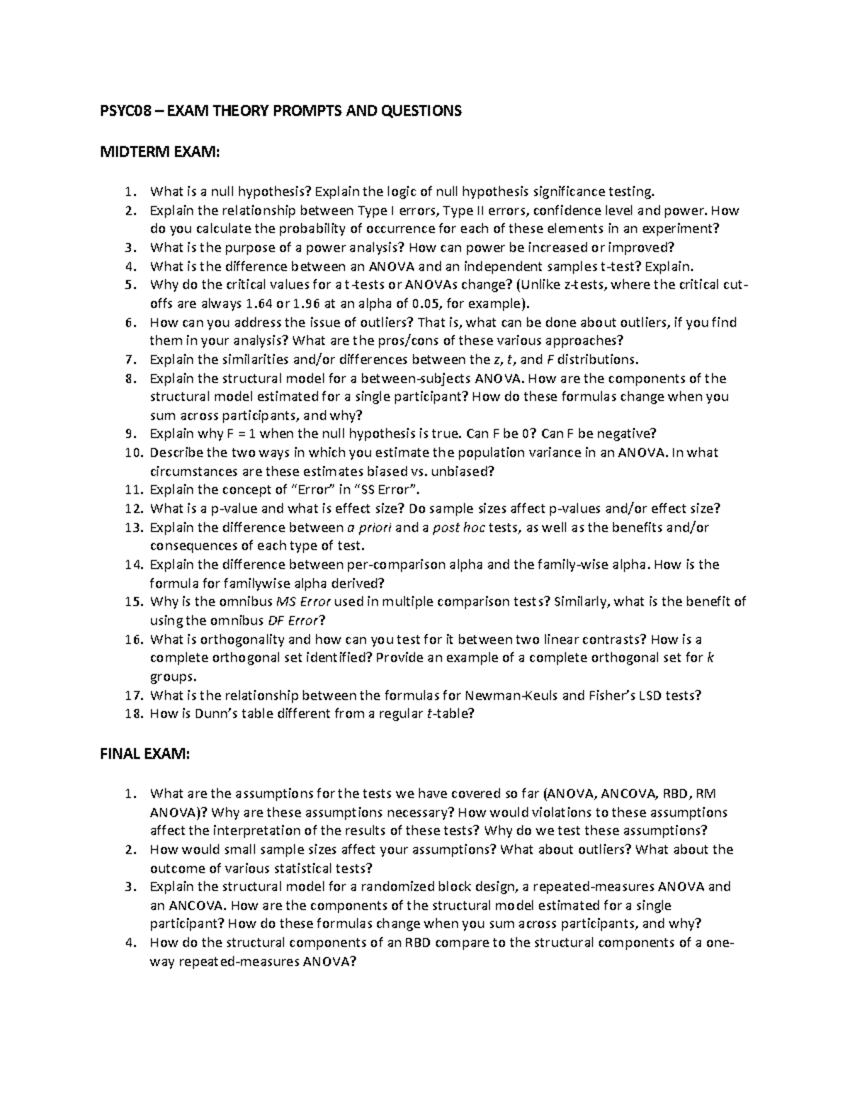 PSYC08 - Theory Study Prompts and Questions - PSYC08 – EXAM THEORY ...