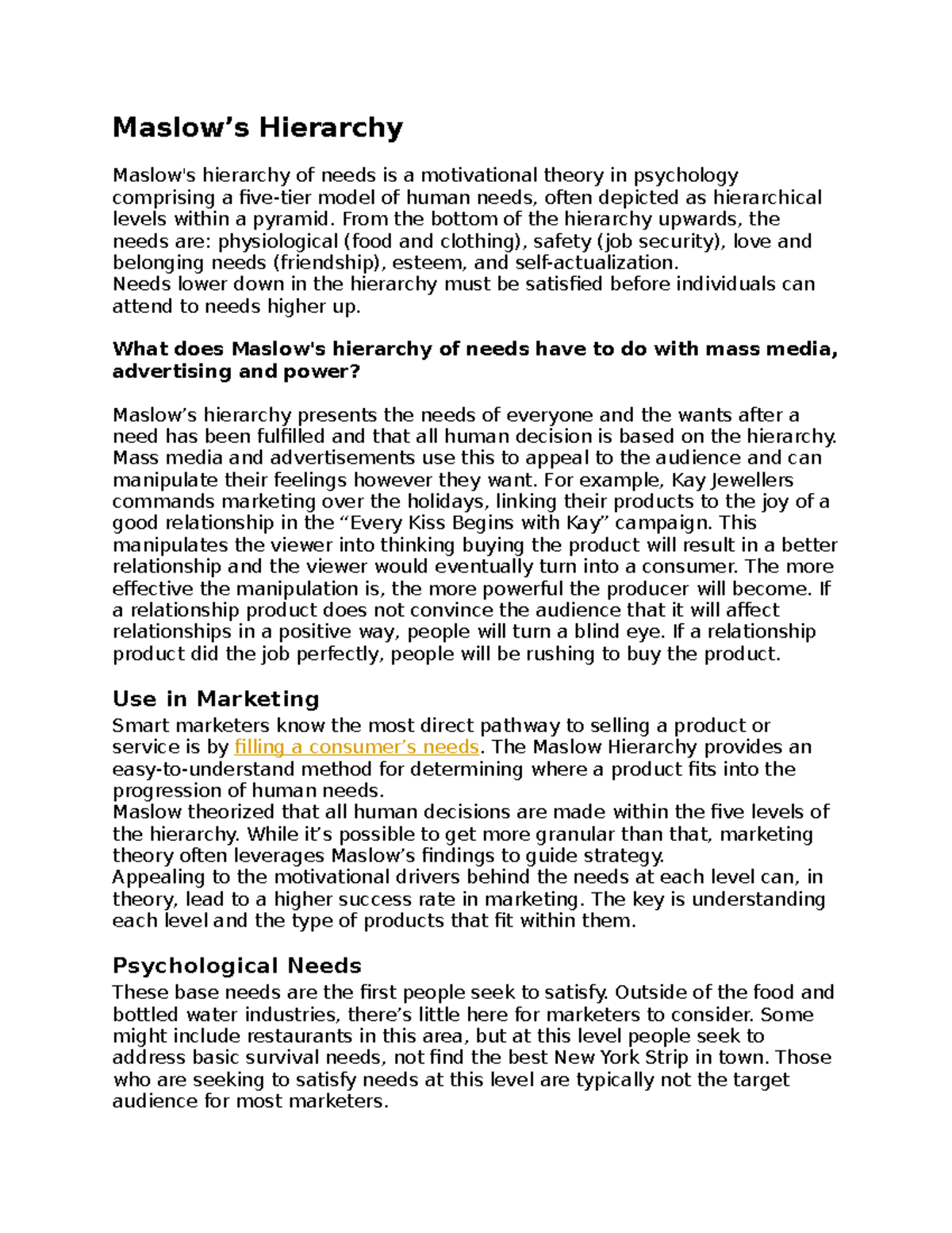 Maslow's Hierarchy - Maslow’s Hierarchy Maslow's hierarchy of needs is ...