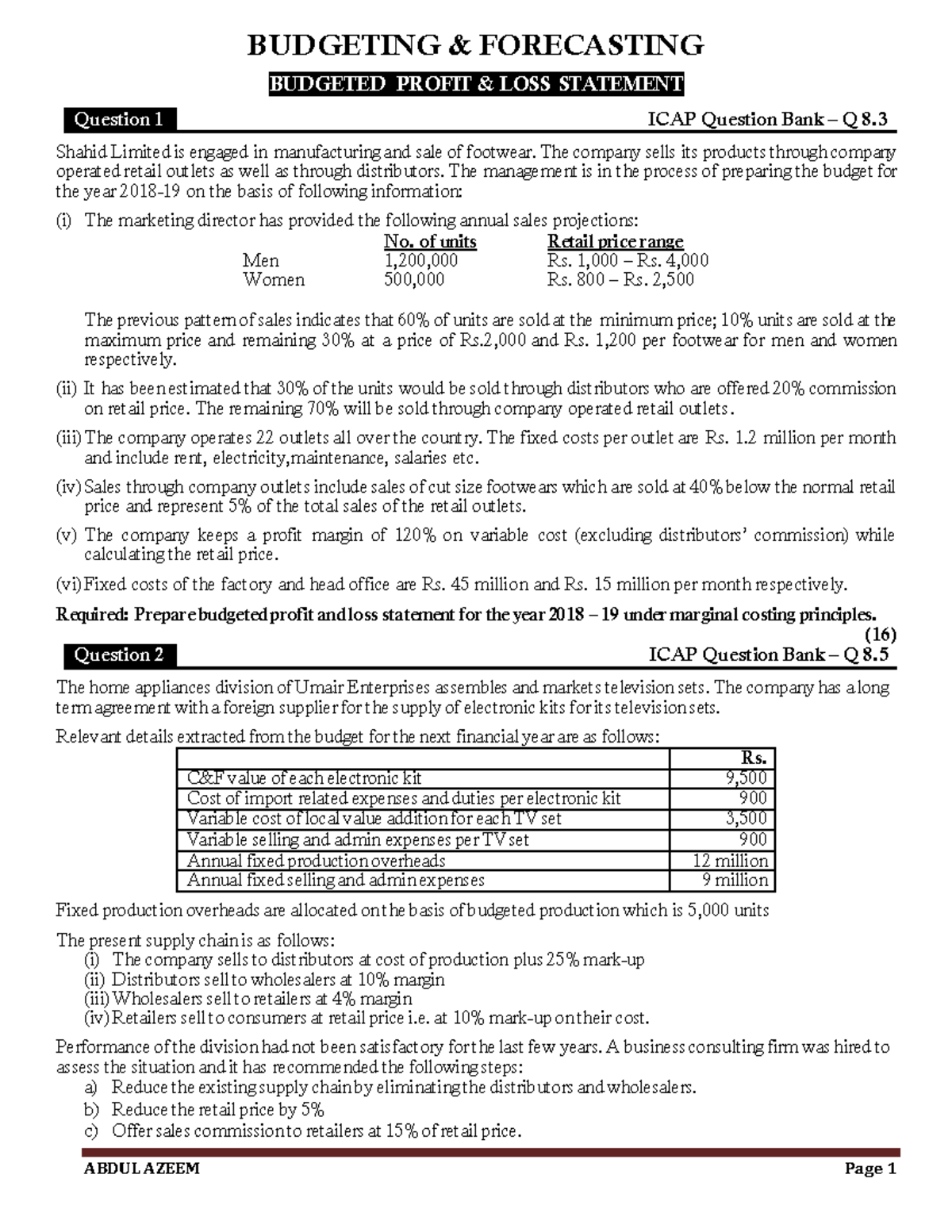 17 July - Budgeting Questions with answers - BUDGETING & FORECASTING ...