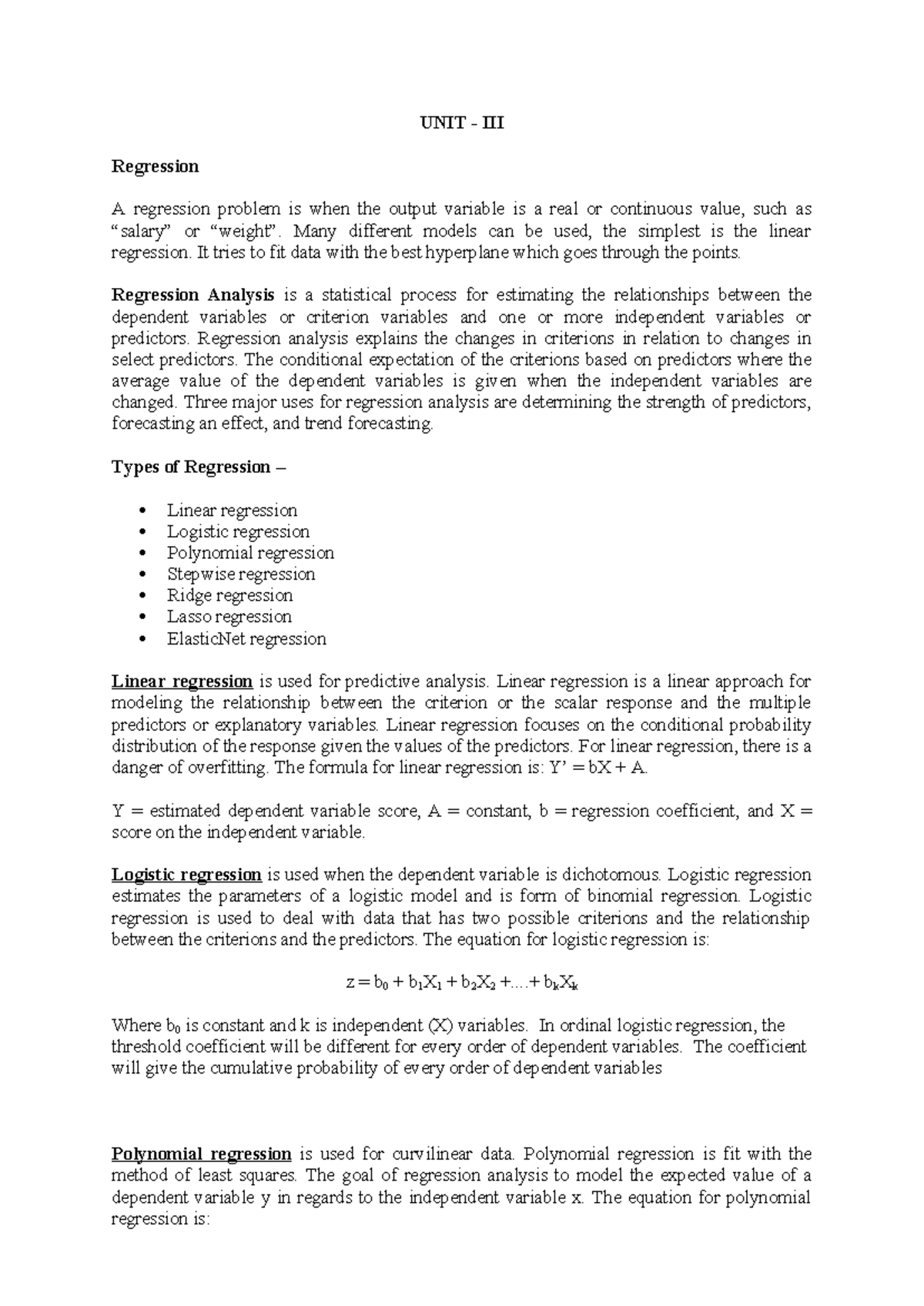 Unit III data analytics - UNIT - III Regression A regression problem is when the output variable ...